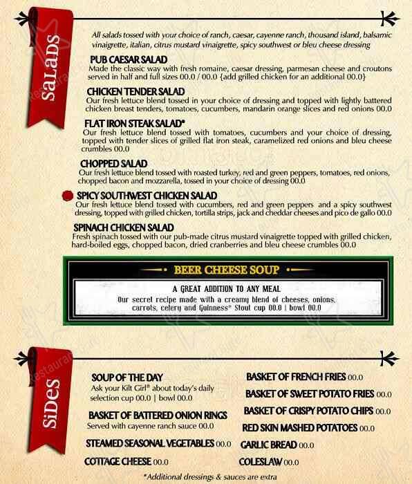 Menu at Tilted Kilt Pub and Eatery, San Diego, Camino Del Rio N