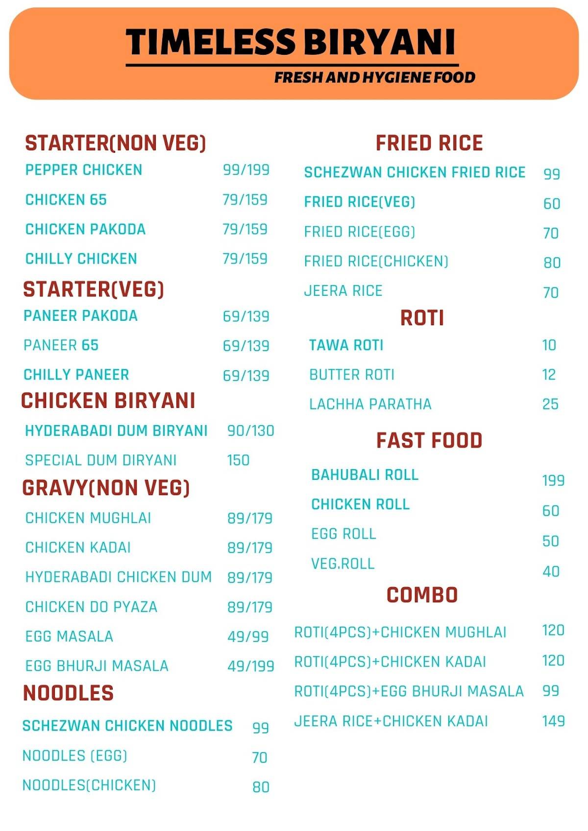 Menu at Timeless biryani, Guwahati