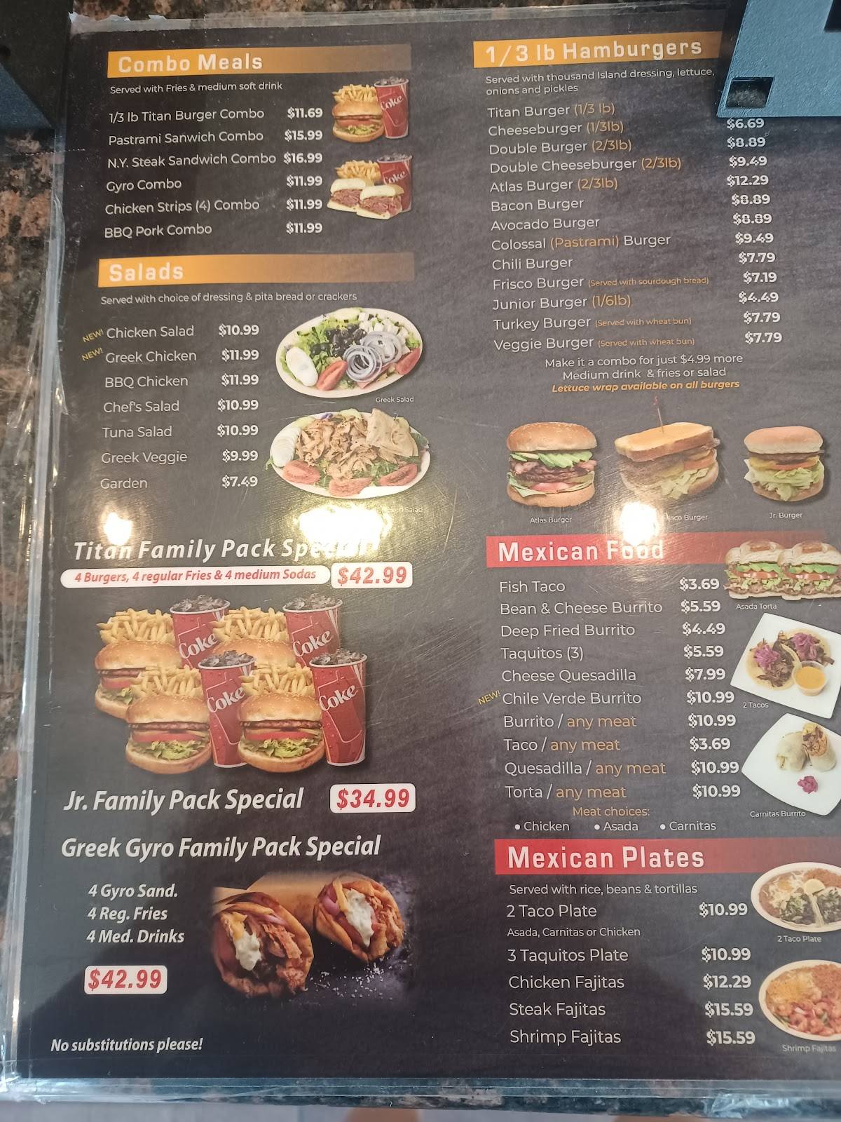 Menu at Titan Burgers Chino restaurant, Chino