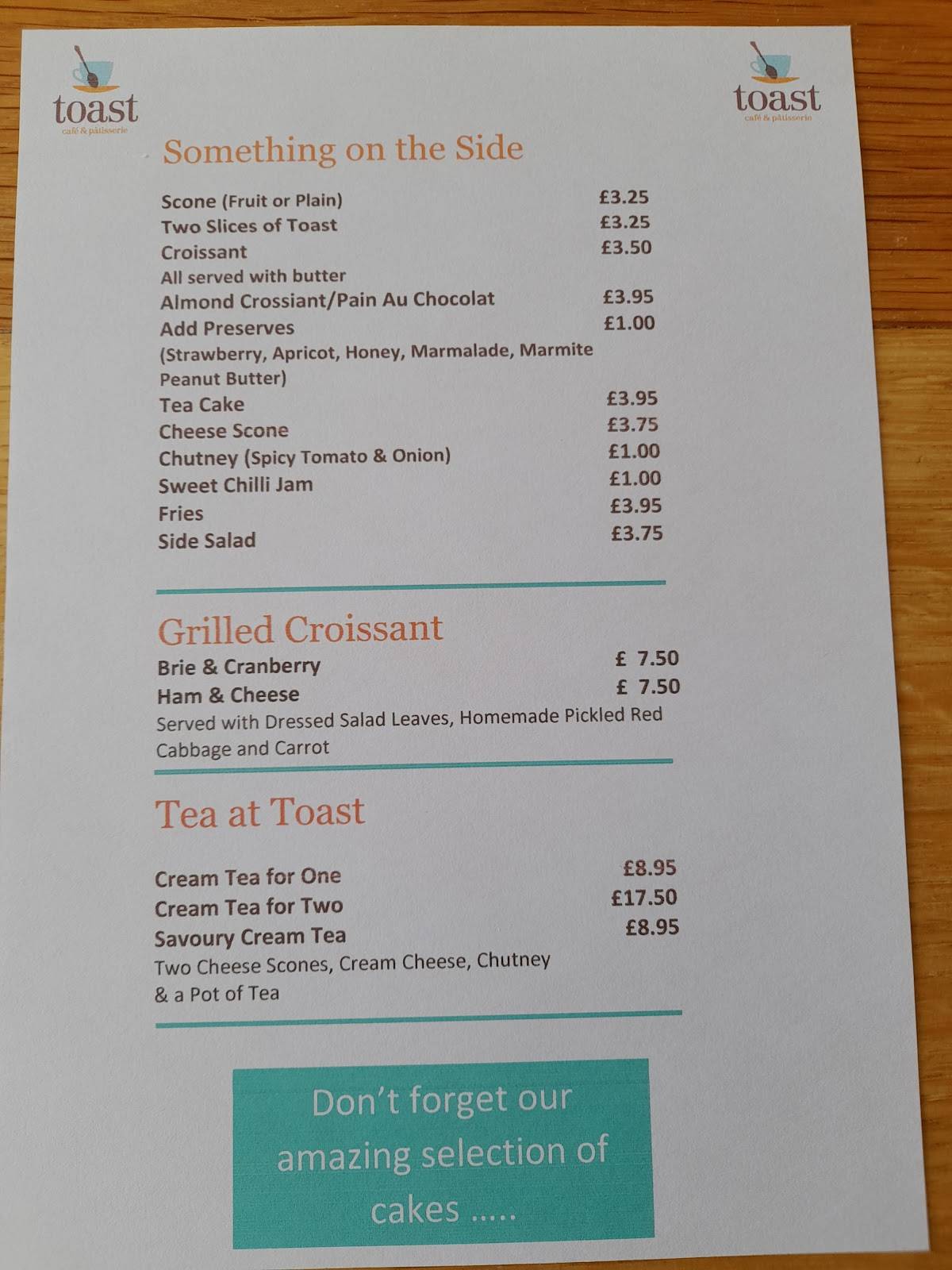 Menu at Toast cafe, Honiton