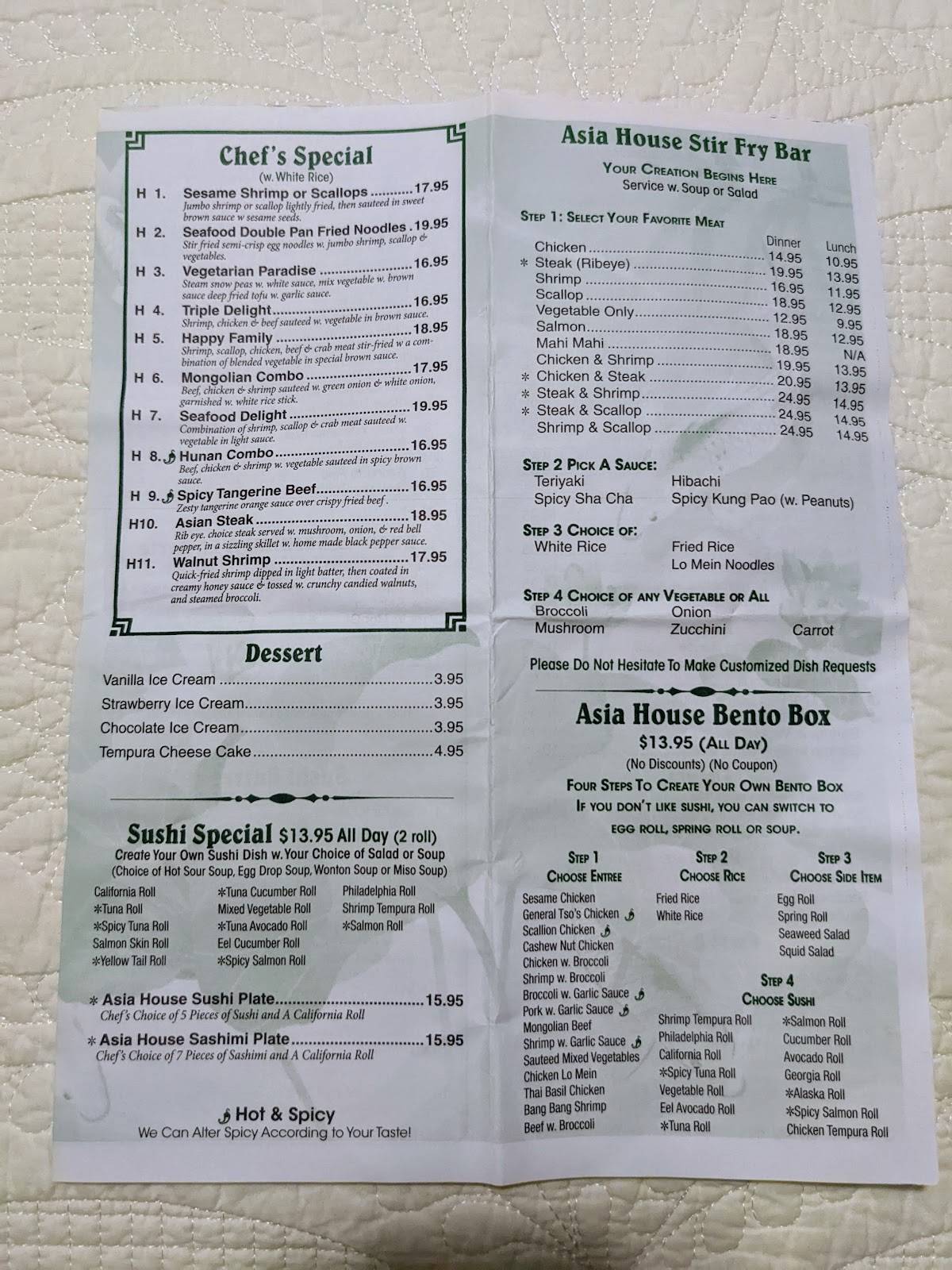 Menu at Asia House restaurant, Toccoa
