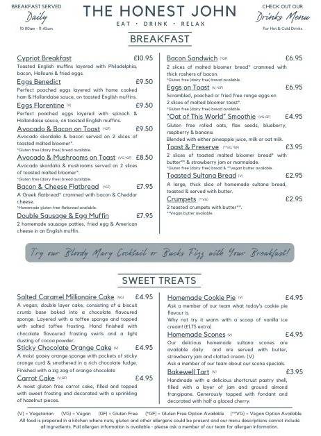 Menu at The Honest John Bar & Coffee Tavern, Todmorden