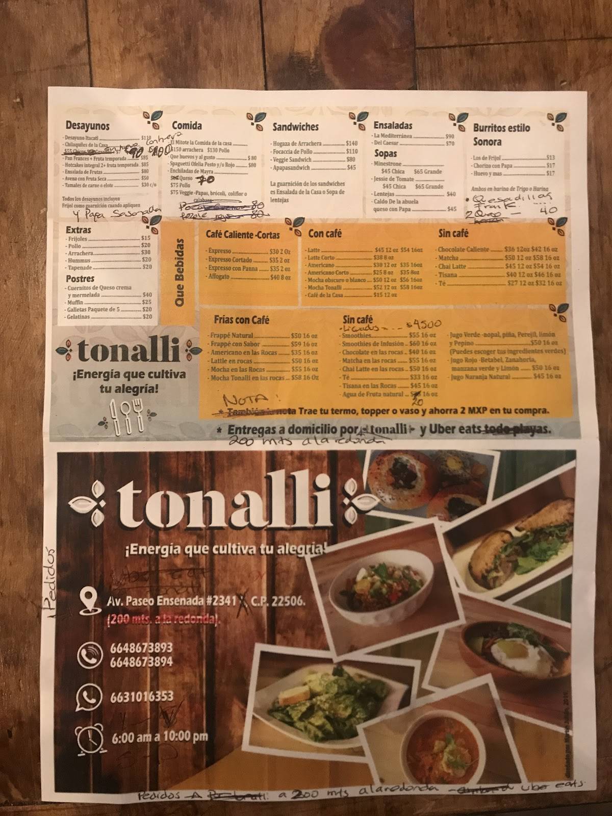 Carta de Tonalli Restaurant, Coffee & Souvenirs, Tijuana