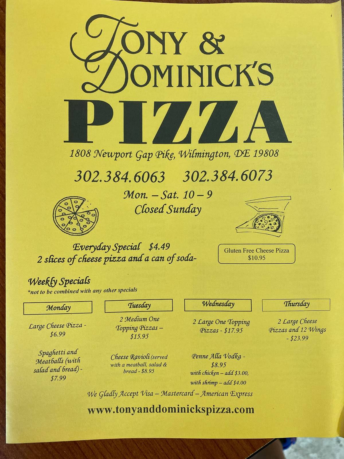 Menu at Tony and Dominick's Pizza pizzeria, Wilmington
