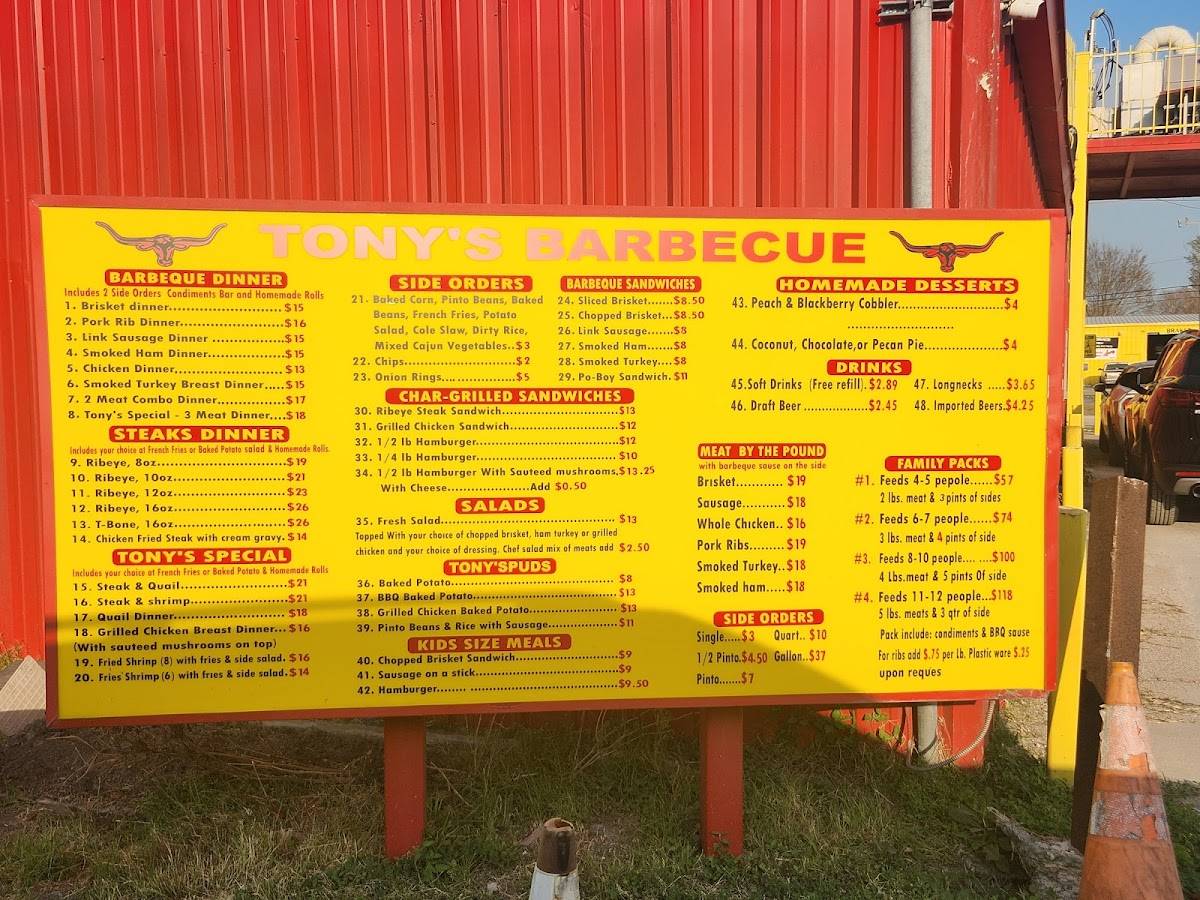 Menu at Tony's BBQ & Steakhouse, Channelview, Sheldon Rd