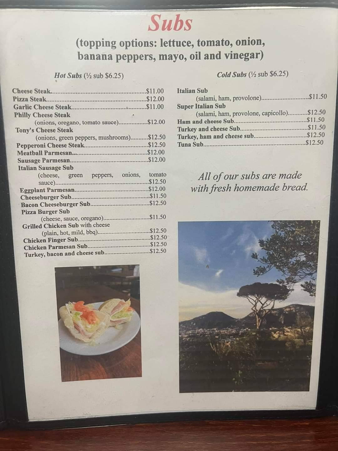 Menu at Tony's Italian Cuisine restaurant, Wellsboro