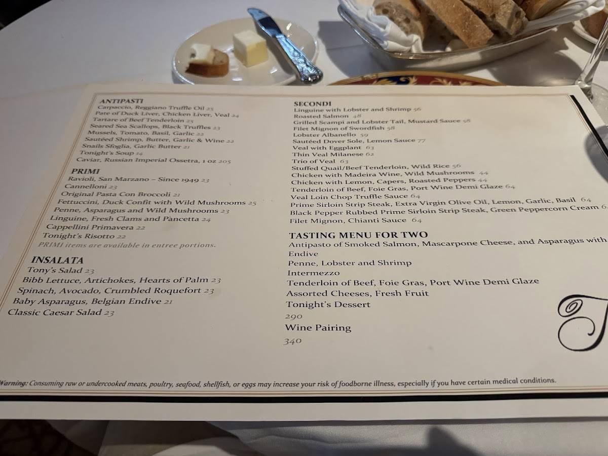Menu at Tony's restaurant, Clayton, 105 Carondelet Plaza