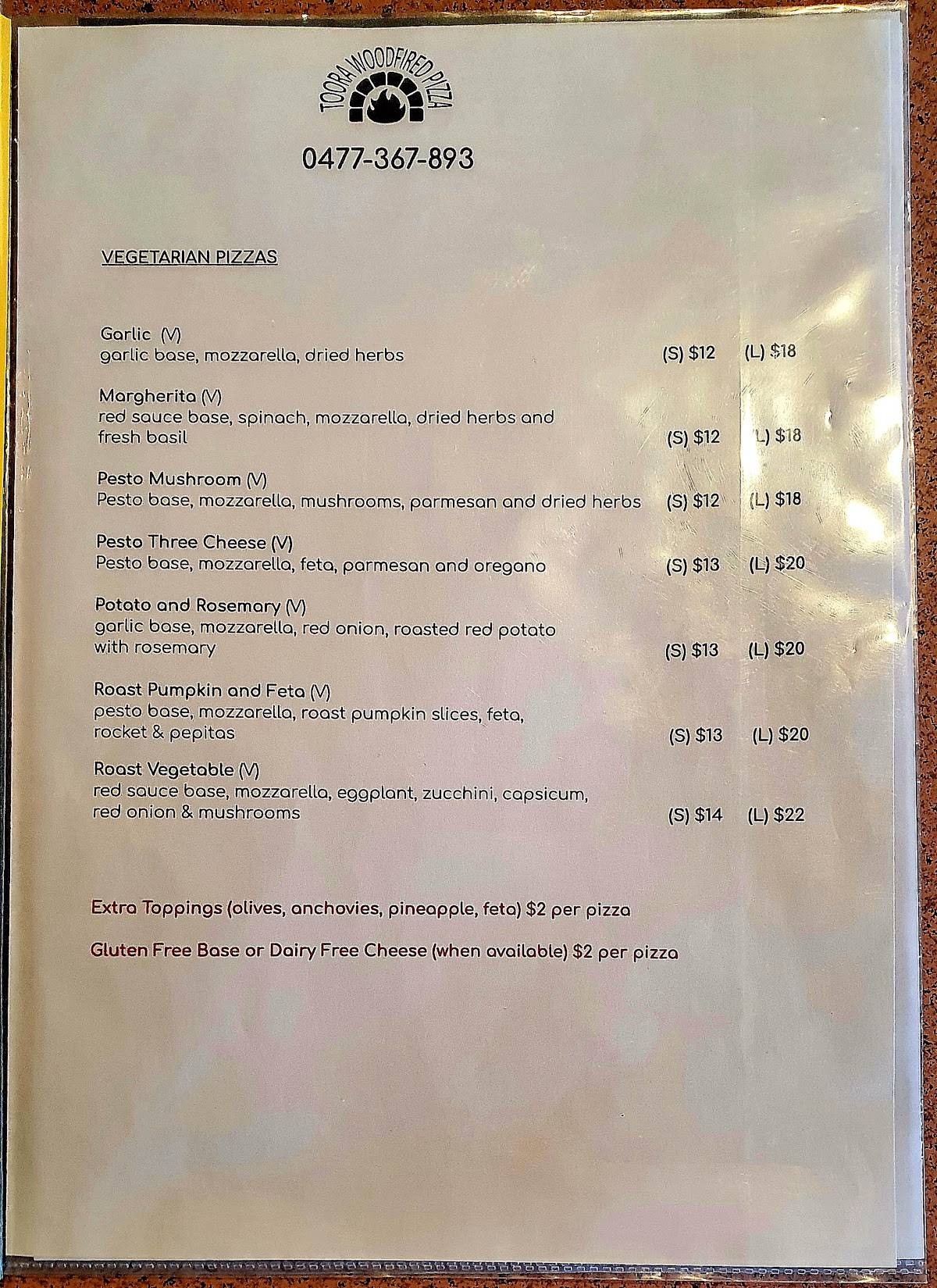 Menu at Toora Woodfired Pizza restaurant, Toora