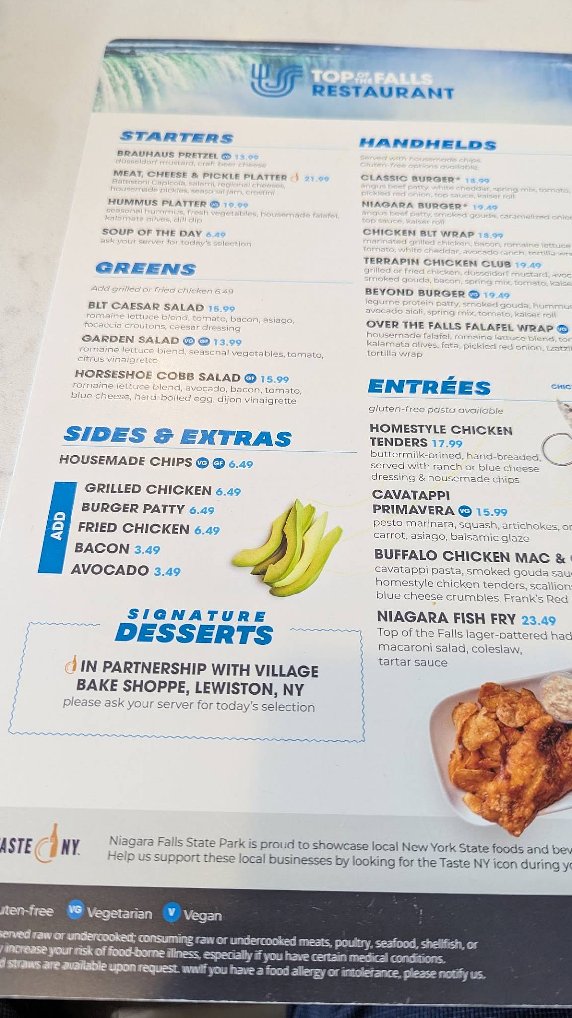 Menu at Top of the Falls restaurant, Niagara Falls