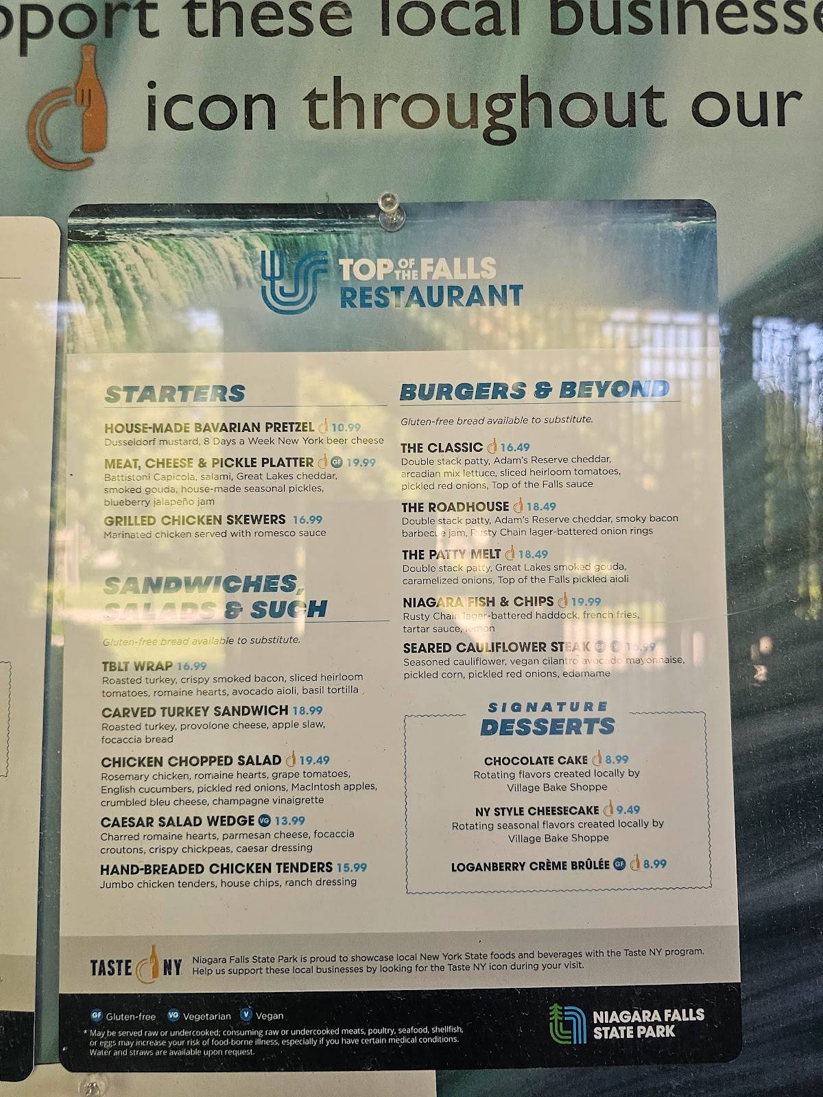 Menu at Top of the Falls restaurant, Niagara Falls