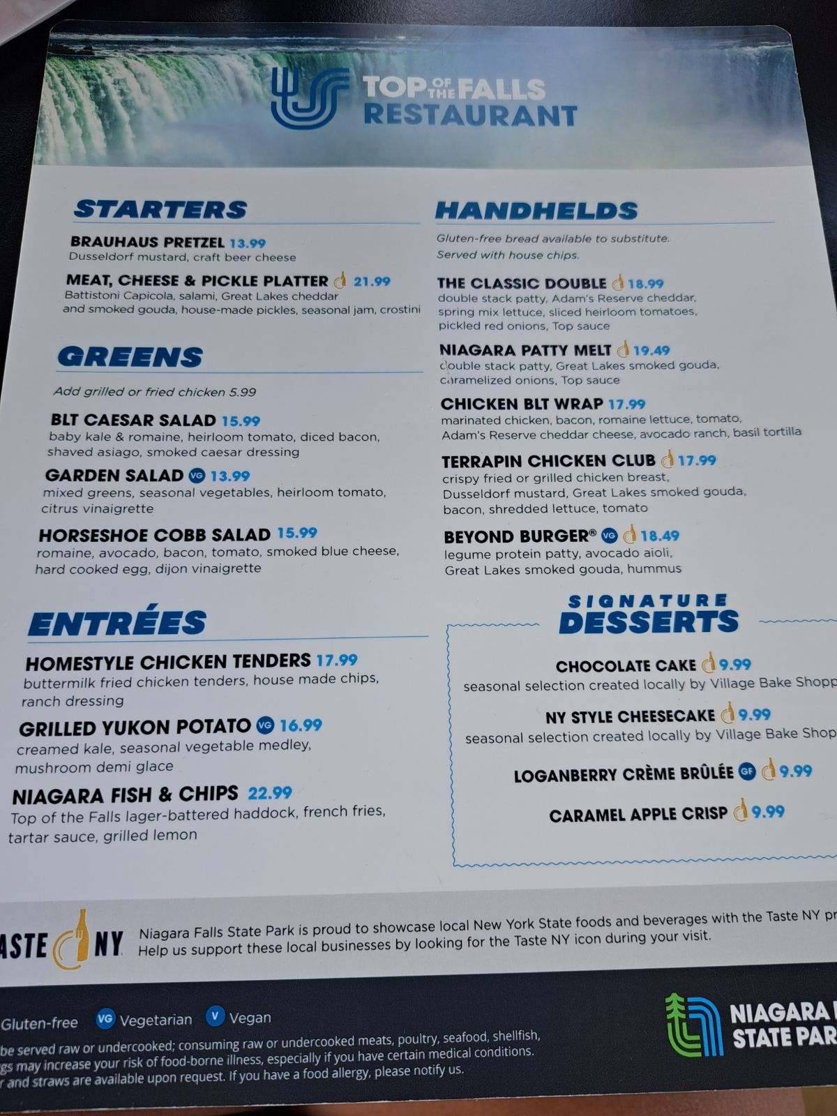 Menu at Top of the Falls restaurant, Niagara Falls