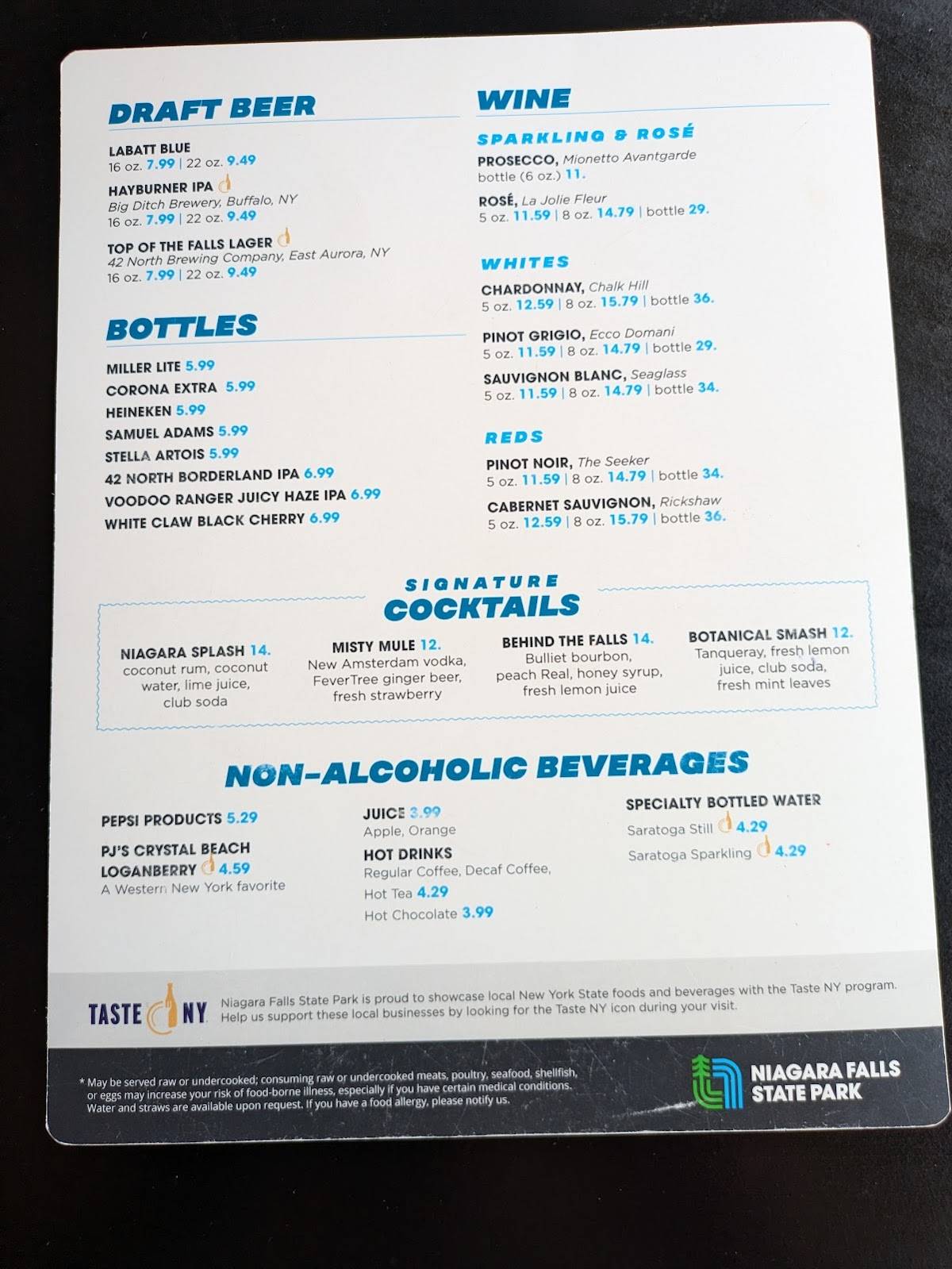 Menu at Top of the Falls restaurant, Niagara Falls