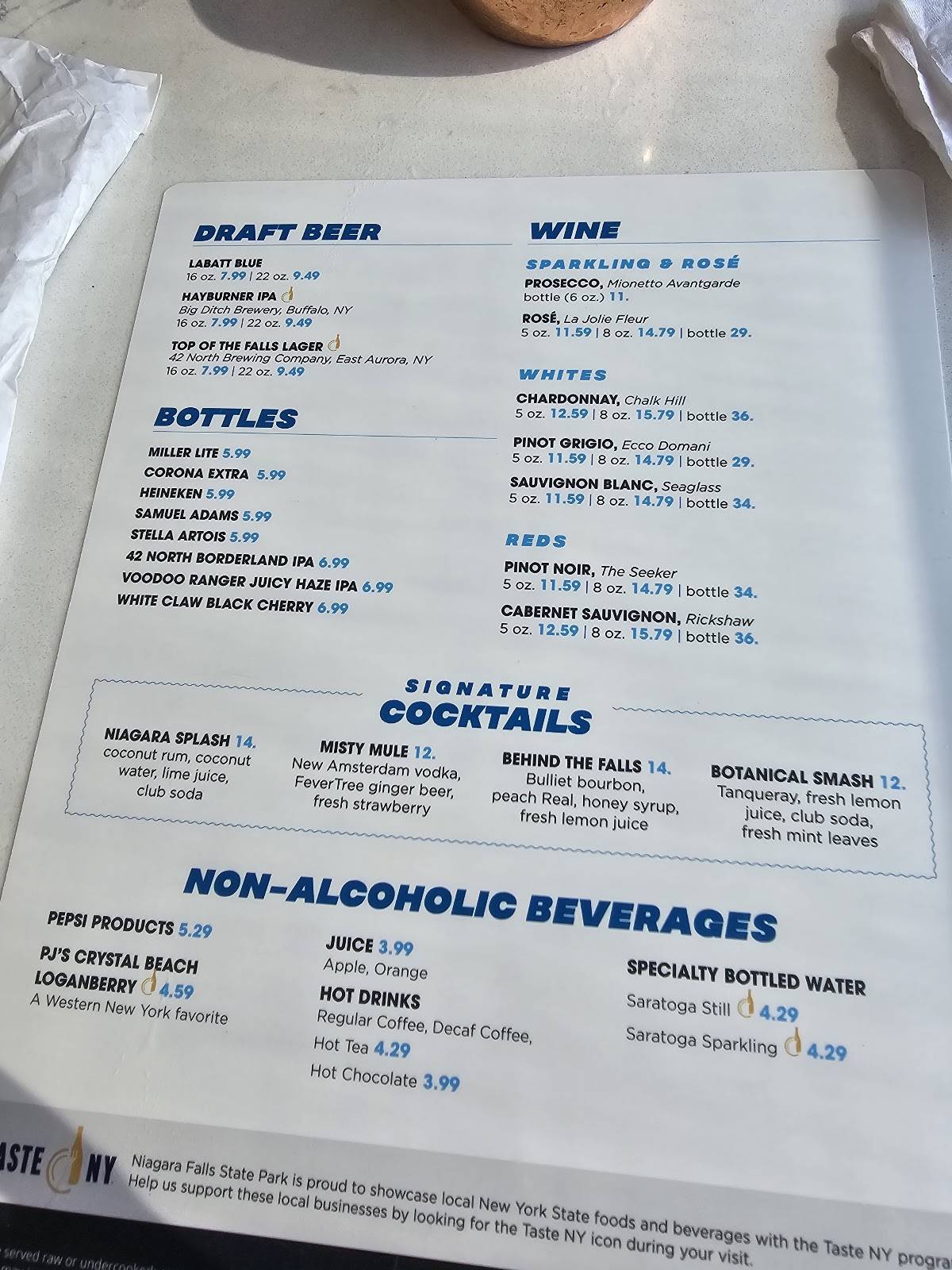 Menu at Top of the Falls restaurant, Niagara Falls