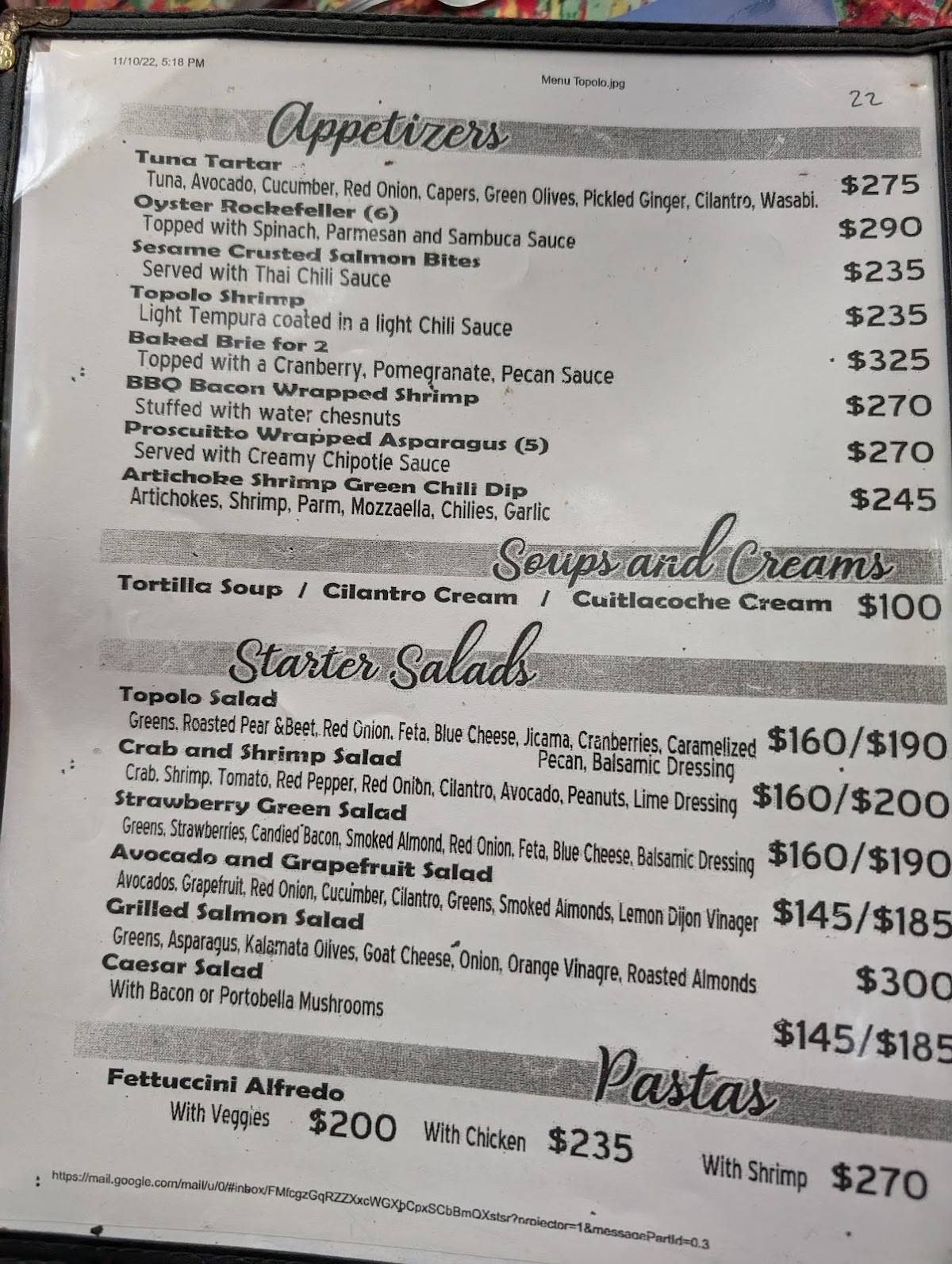 Carta del restaurante Topolo, Mazatlán
