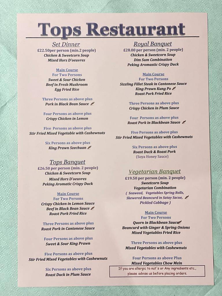 Menu at Tops Chinese Restaurant, Llandudno