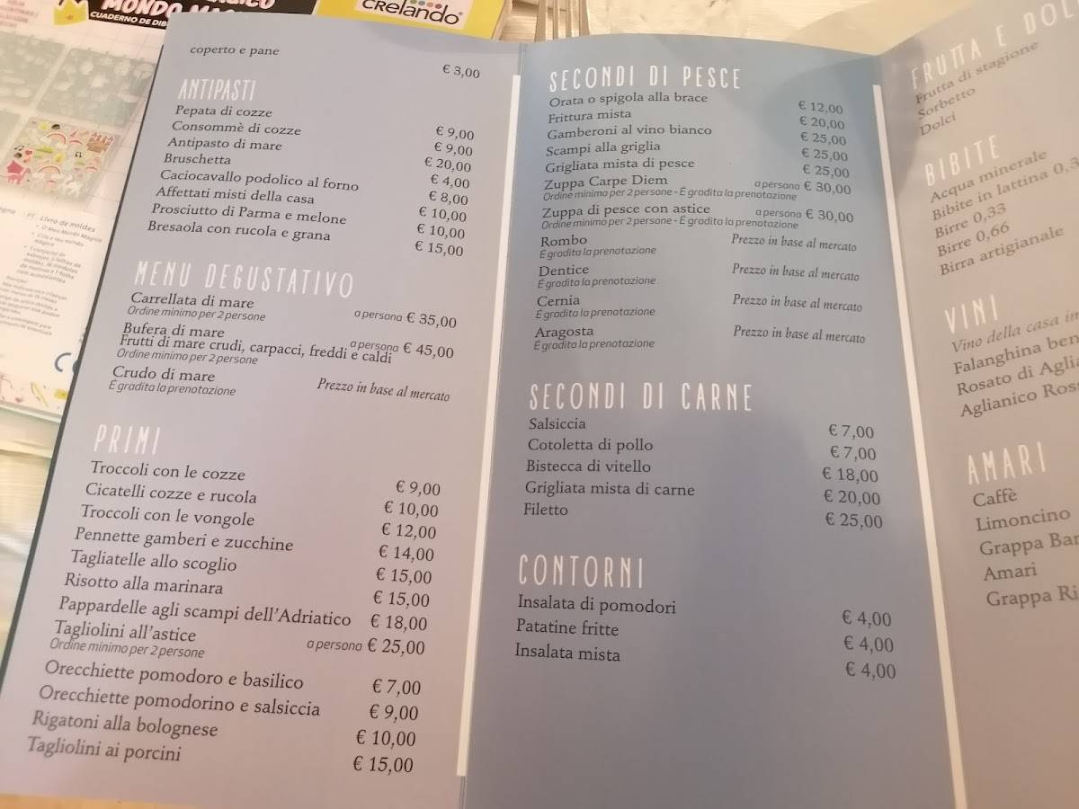 Menu au Carpe Diem restaurant, Torre Mileto