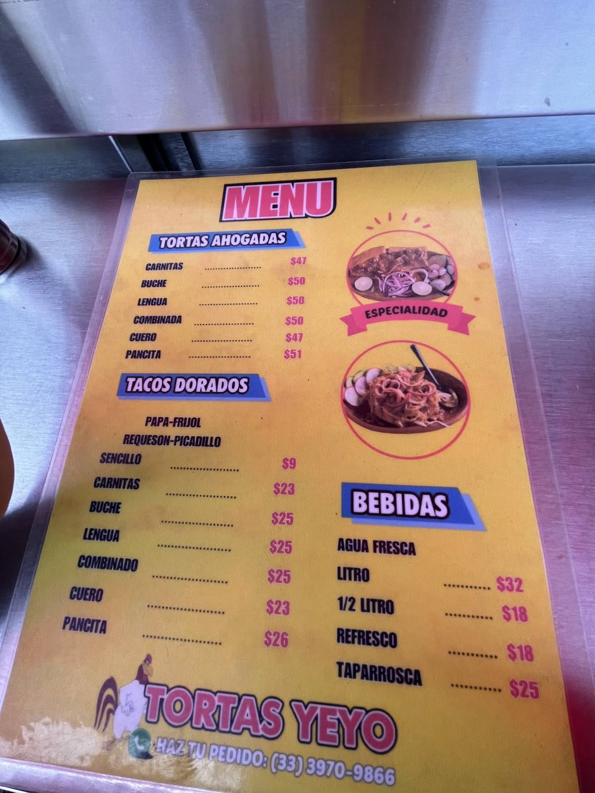Menu at Tortas El Yeyo restaurant, Zapopan