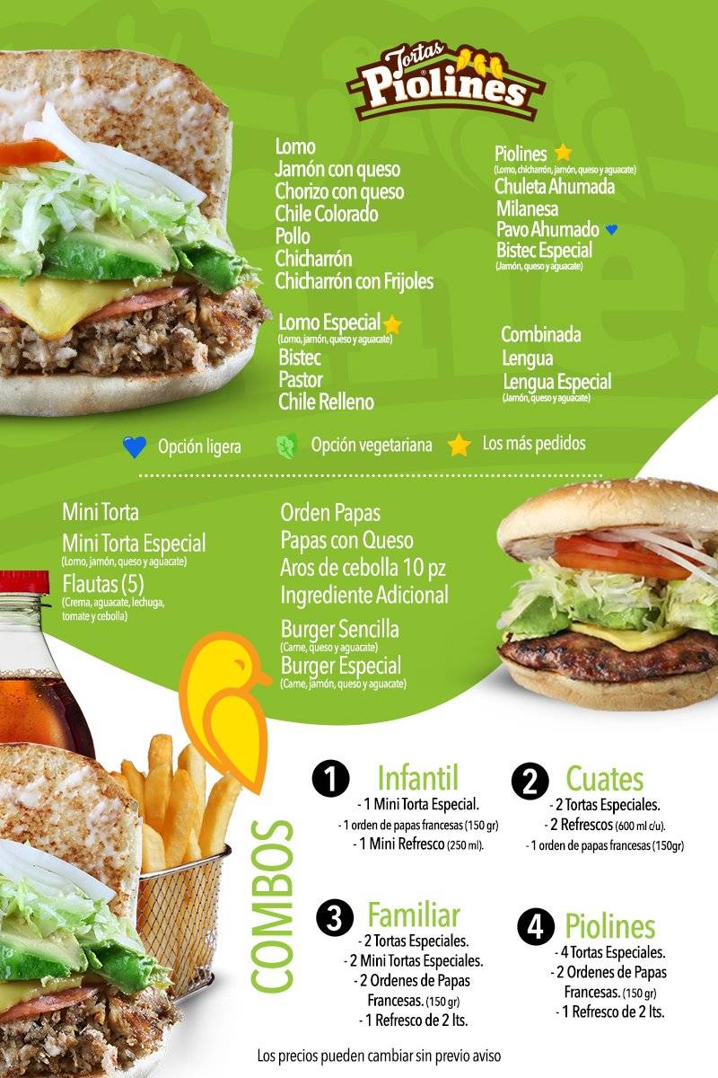 Carta del restaurante Tortas Piolines, Chihuahua, Av. Glandorf 3701