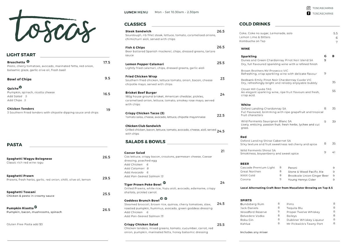 Menu at Tosca’s Pizzeria & Bar, Manoora, 159-161 Pease St