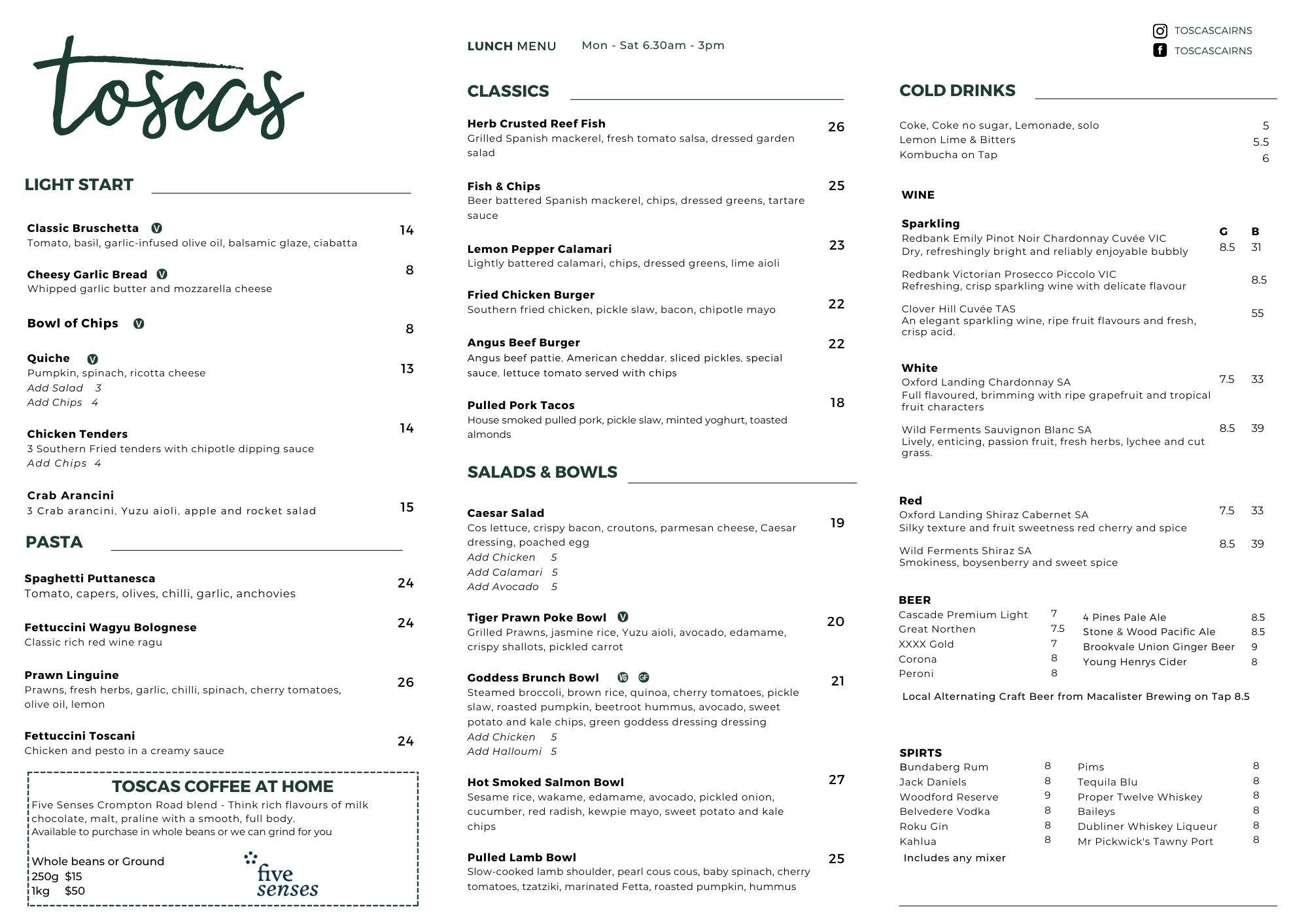 Menu at Tosca’s Pizzeria & Bar, Manoora, 159-161 Pease St