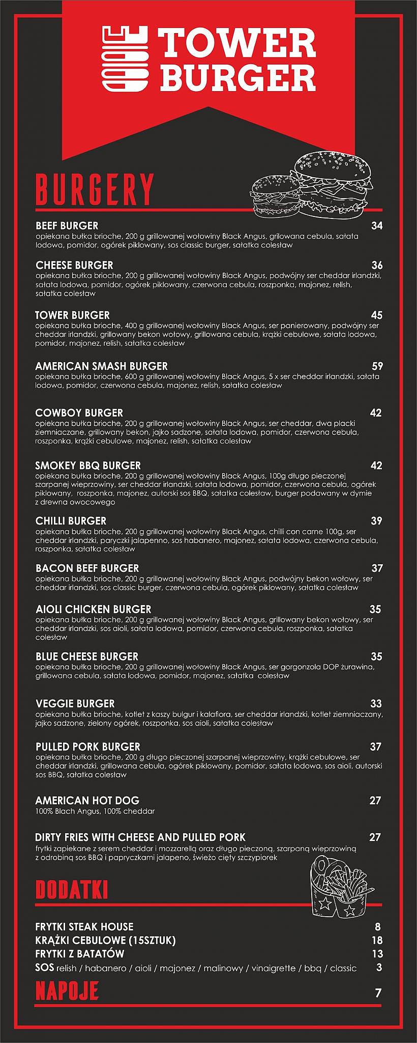 Menu at Tower Burger Pasłęk restaurant, Pasłęk