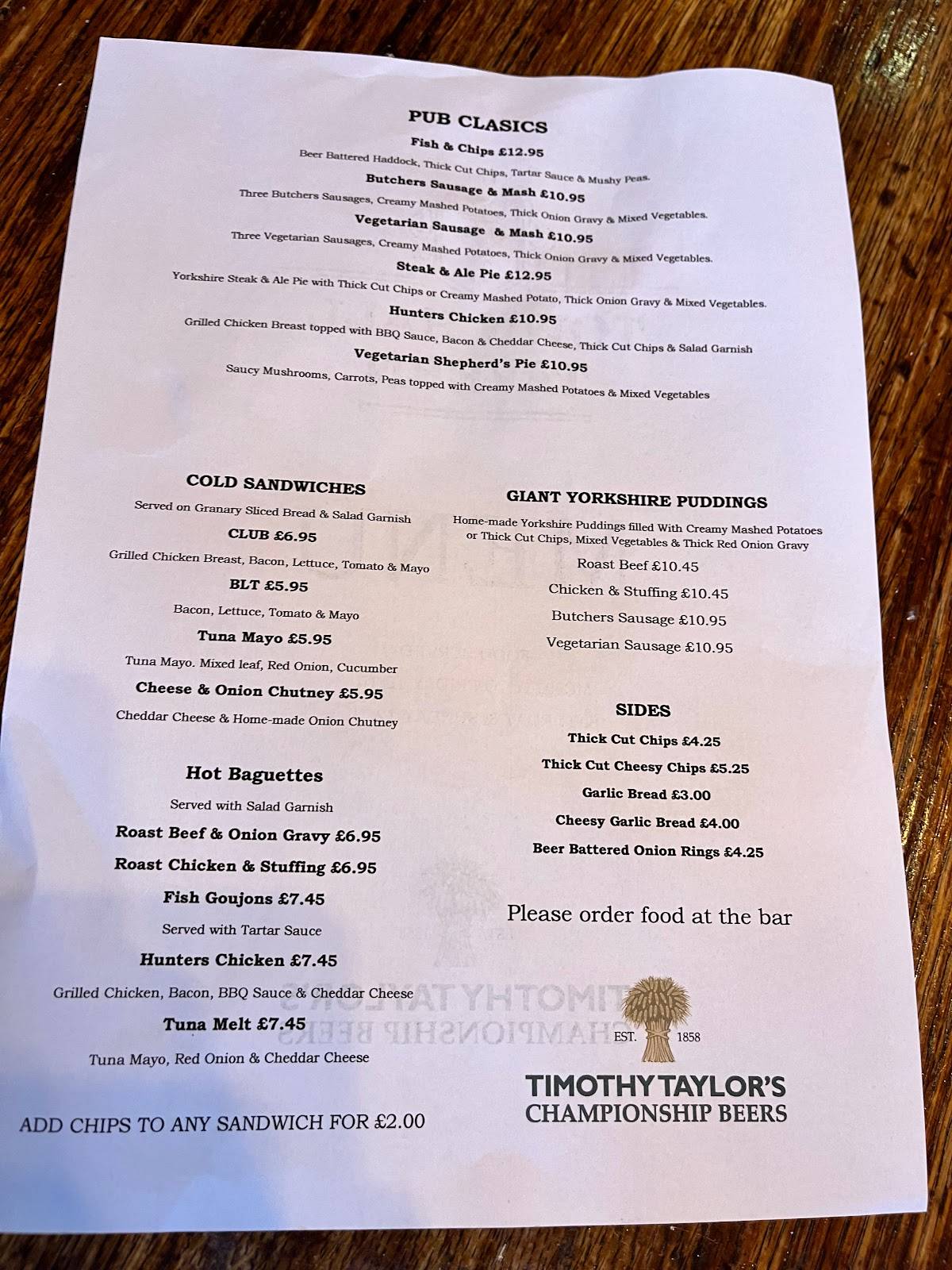 Menu at Town Hall Tavern pub & bar, Leeds