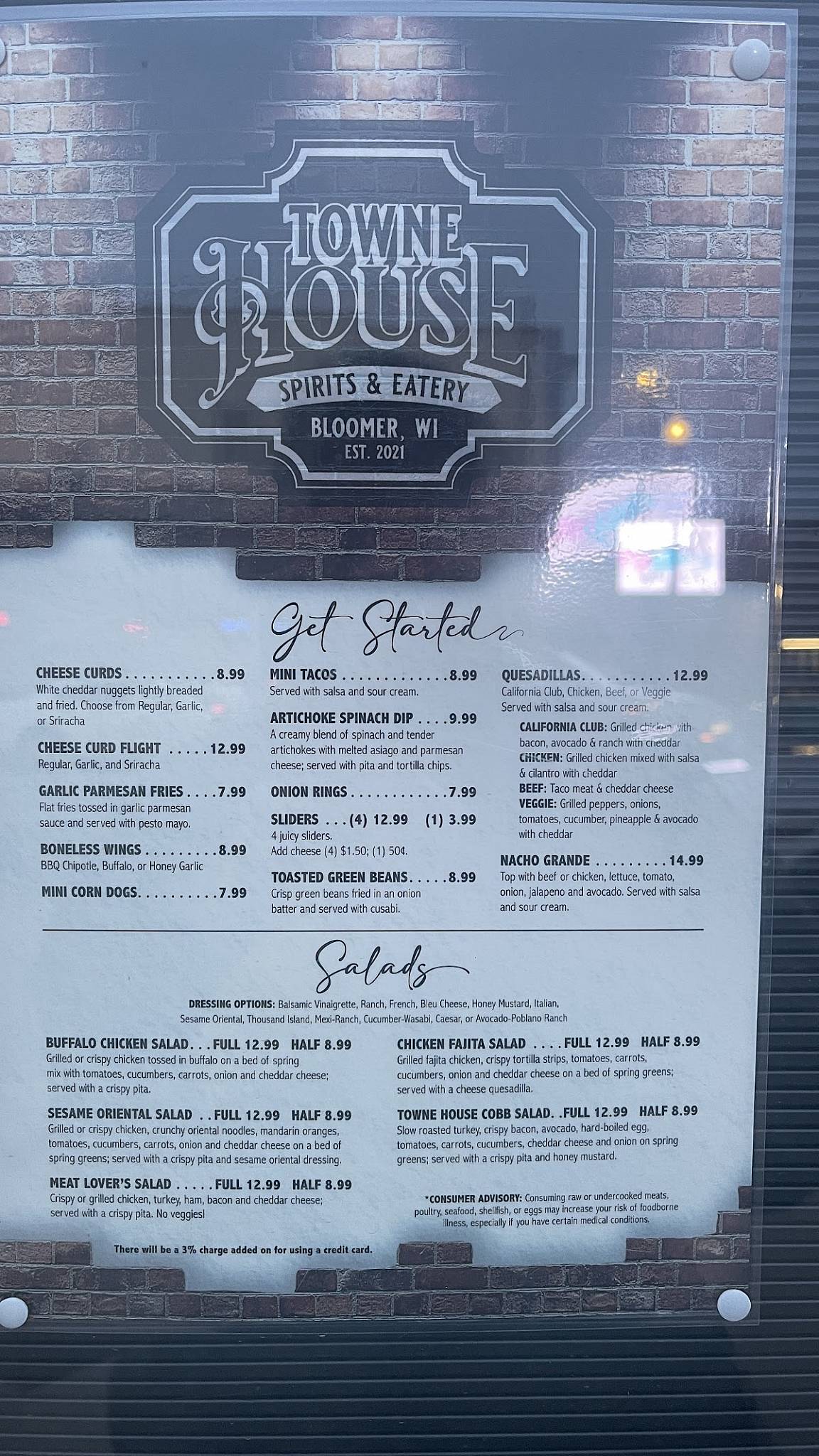 Menu at Towne House Spirits & Eatery restaurant, Bloomer