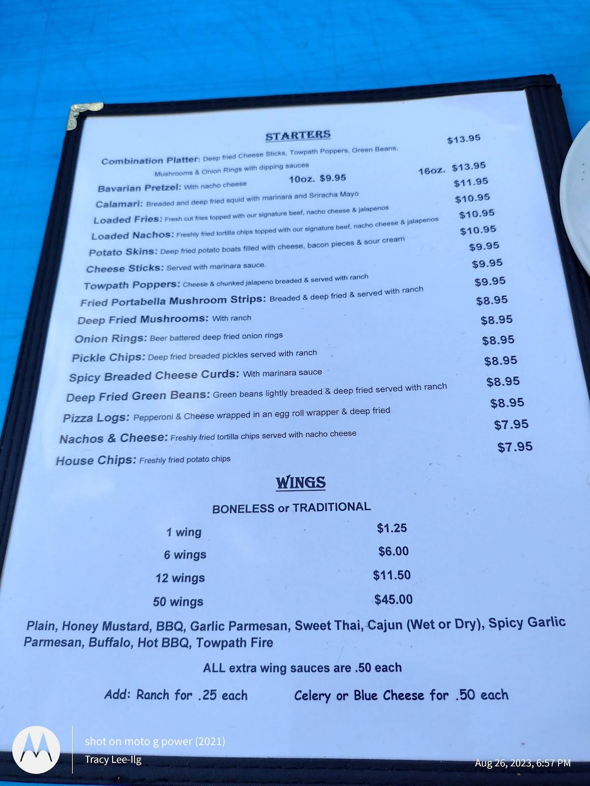 Menu at Towpath Tavern restaurant, Bolivar, 225 Canal St