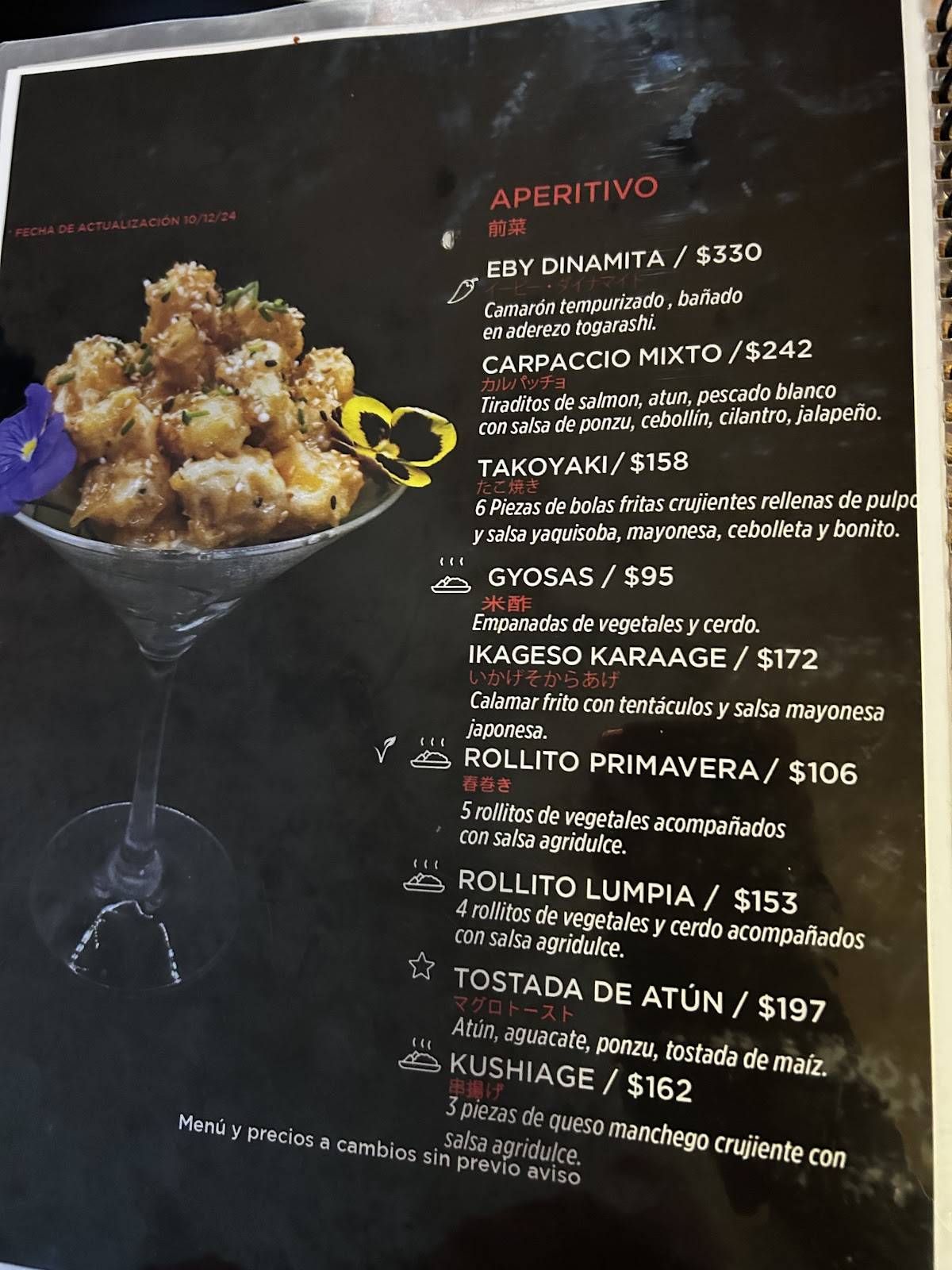 Carta del restaurante Toyama Sushi Concept, Tampico, P.º Flamboyanes 103