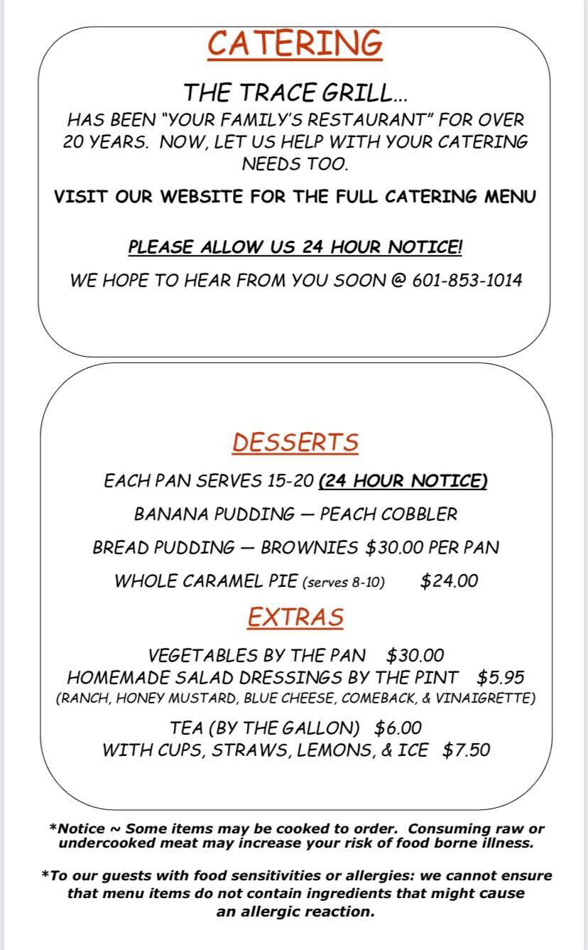 Menu at The Trace Grill restaurant, Ridgeland, 574 US-51 suite f