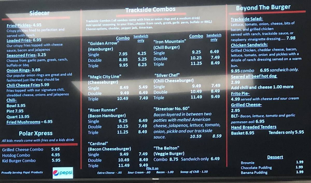 Menu at Trackside Burgers restaurant, Joplin, W 10th St