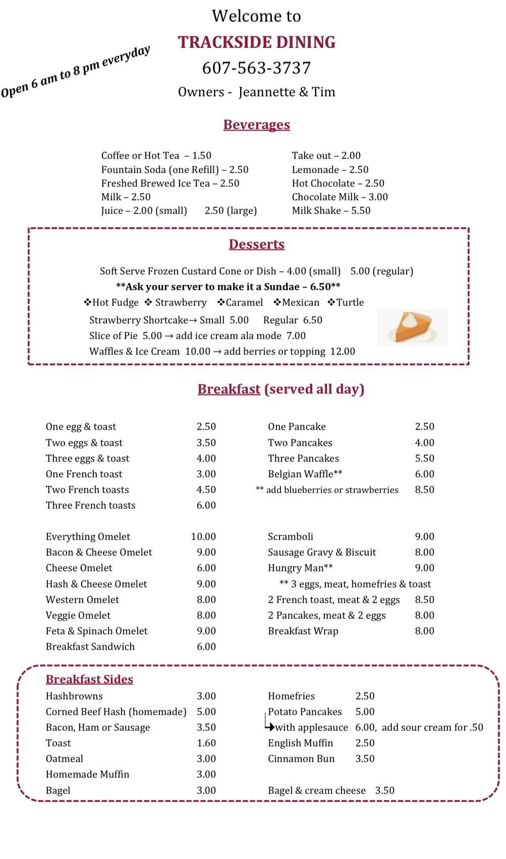 Menu at Trackside Dining desserts, Sidney