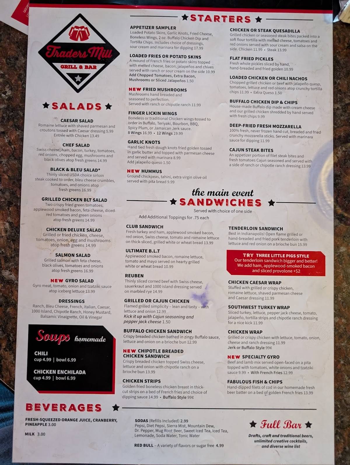 Menu at Trader's Mill Grill & Bar, Indianapolis, W 86th St