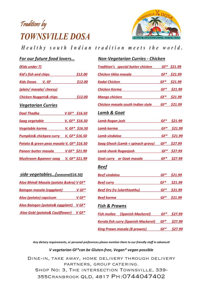 Menu at Traditions by Townsville Dosa restaurant, Cranbrook