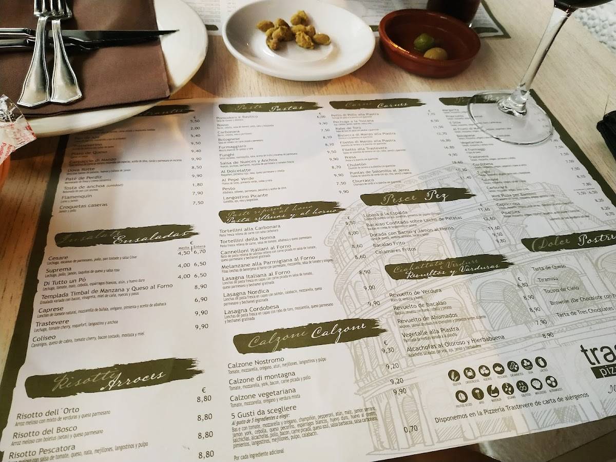 Carta del restaurante Trastevere, Córdoba, C. Platino