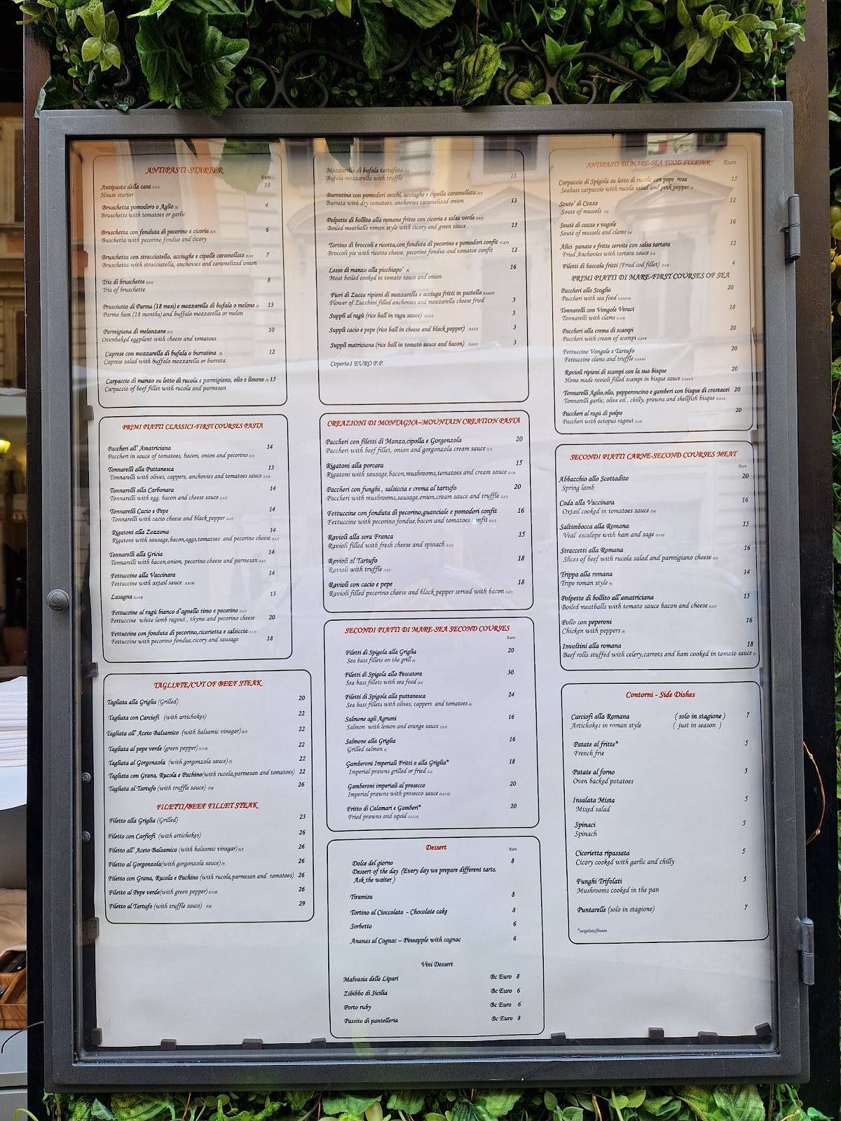 Menu at Trattoria Cecio restaurant, Rome