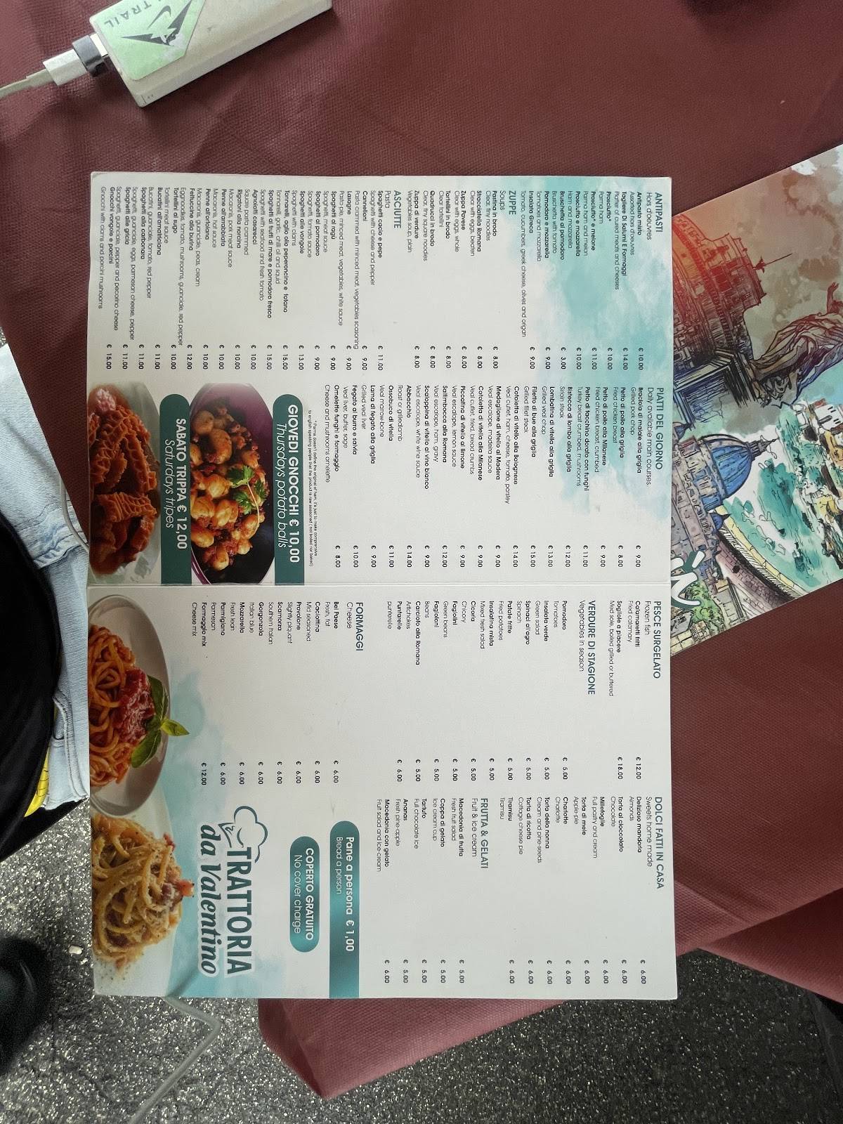 Menu at Trattoria Da Valentino restaurant, Rome
