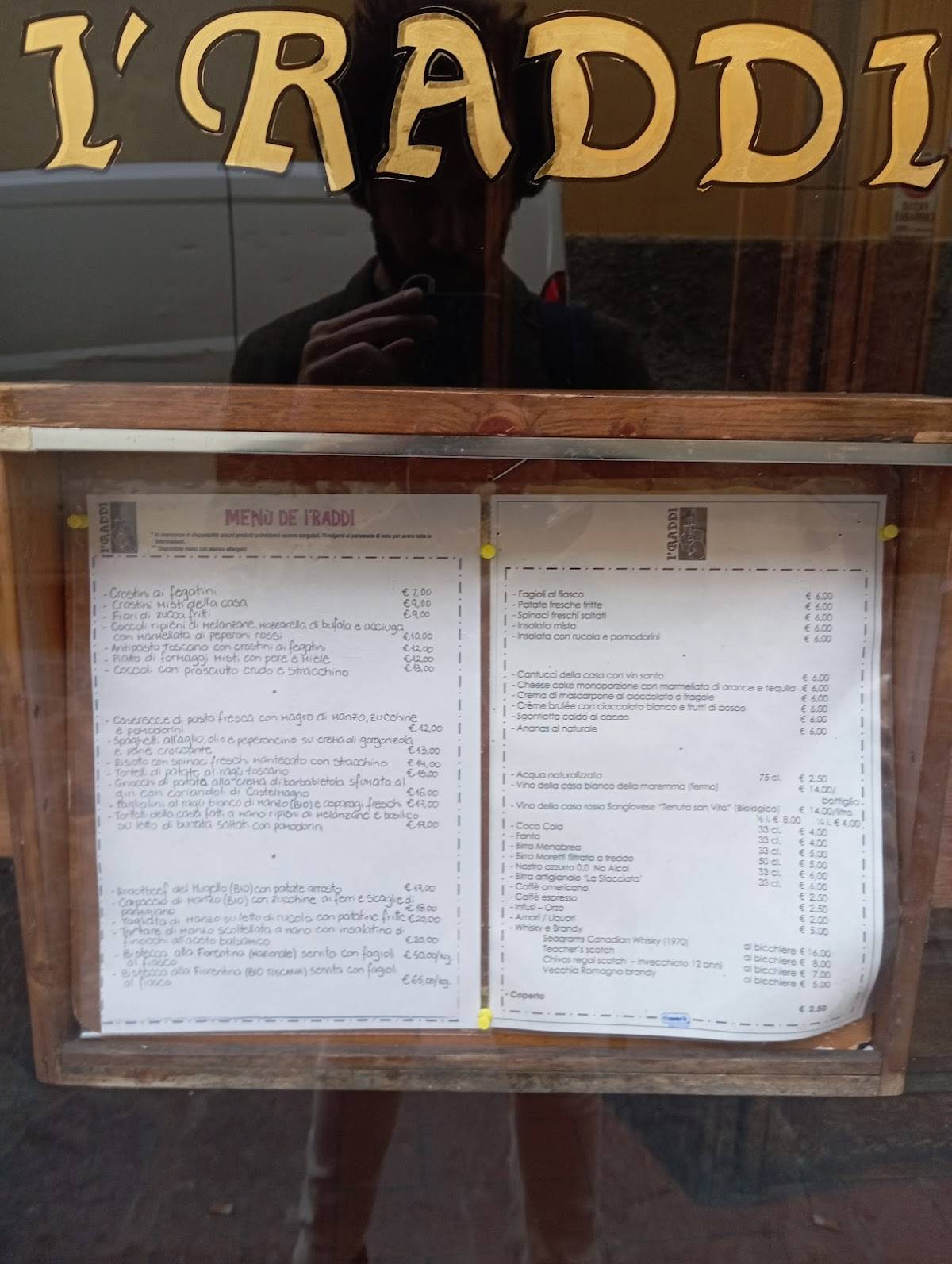 Carta del restaurante Trattoria I'raddi, Florencia