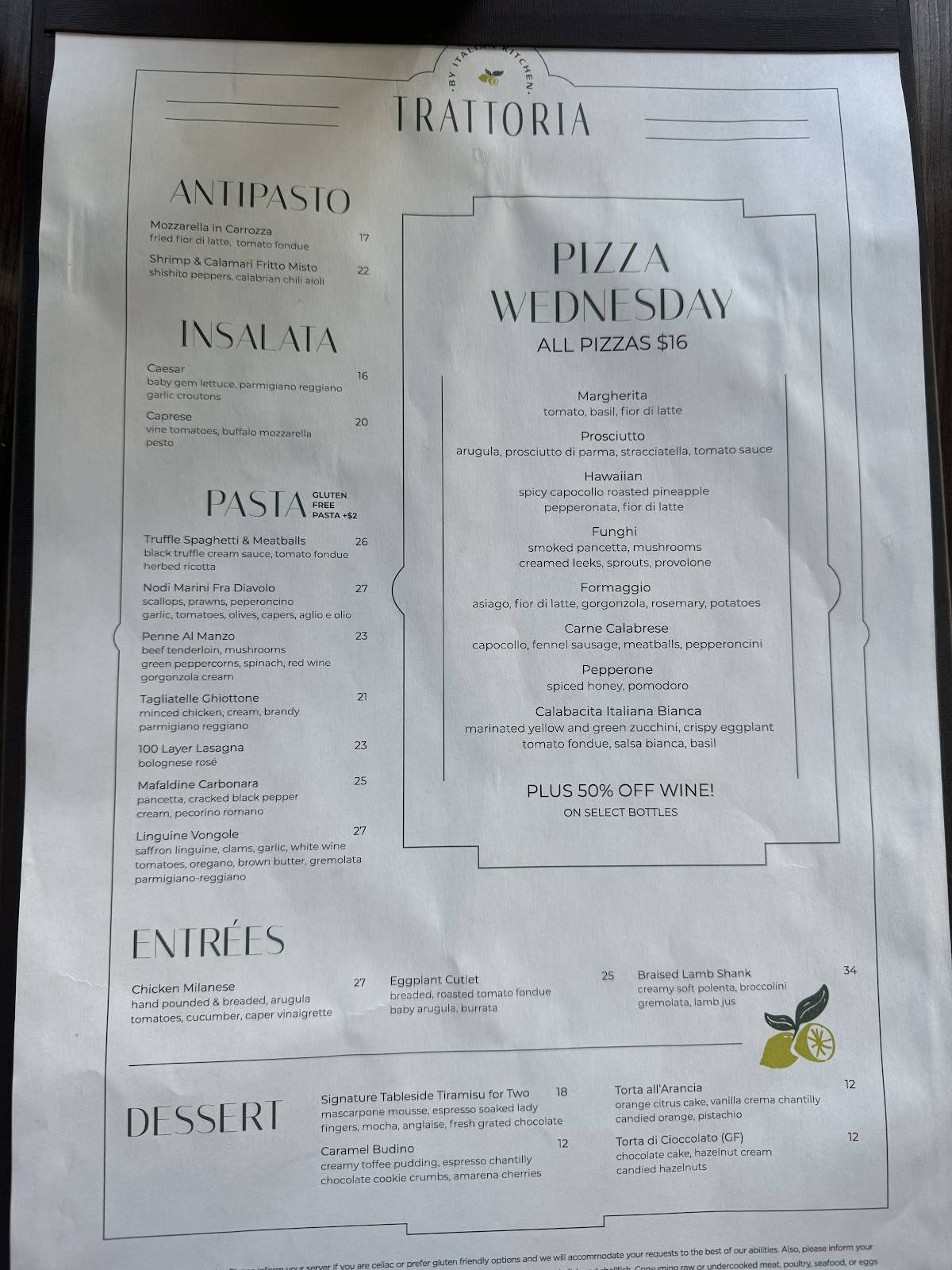 Menu au Trattoria by Italian Kitchen restaurant, Burnaby