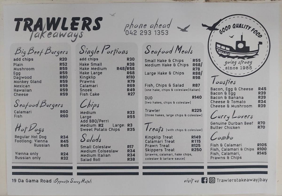 Menu at Trawlers restaurant, Jeffreys Bay