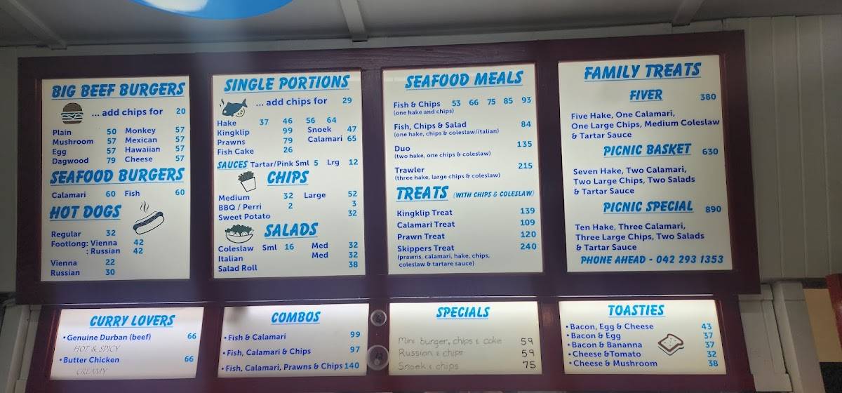 Menu at Trawlers restaurant, Jeffreys Bay