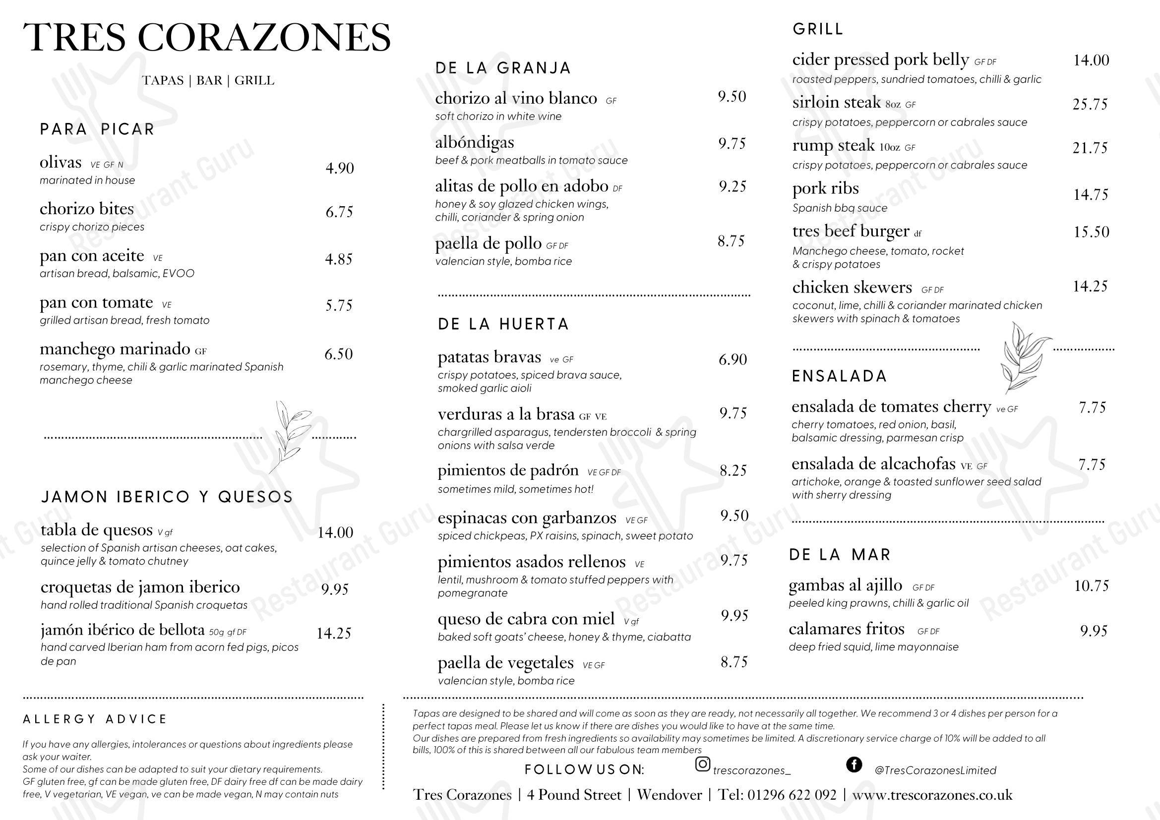 Menu at Tres Corazones restaurant, Aylesbury