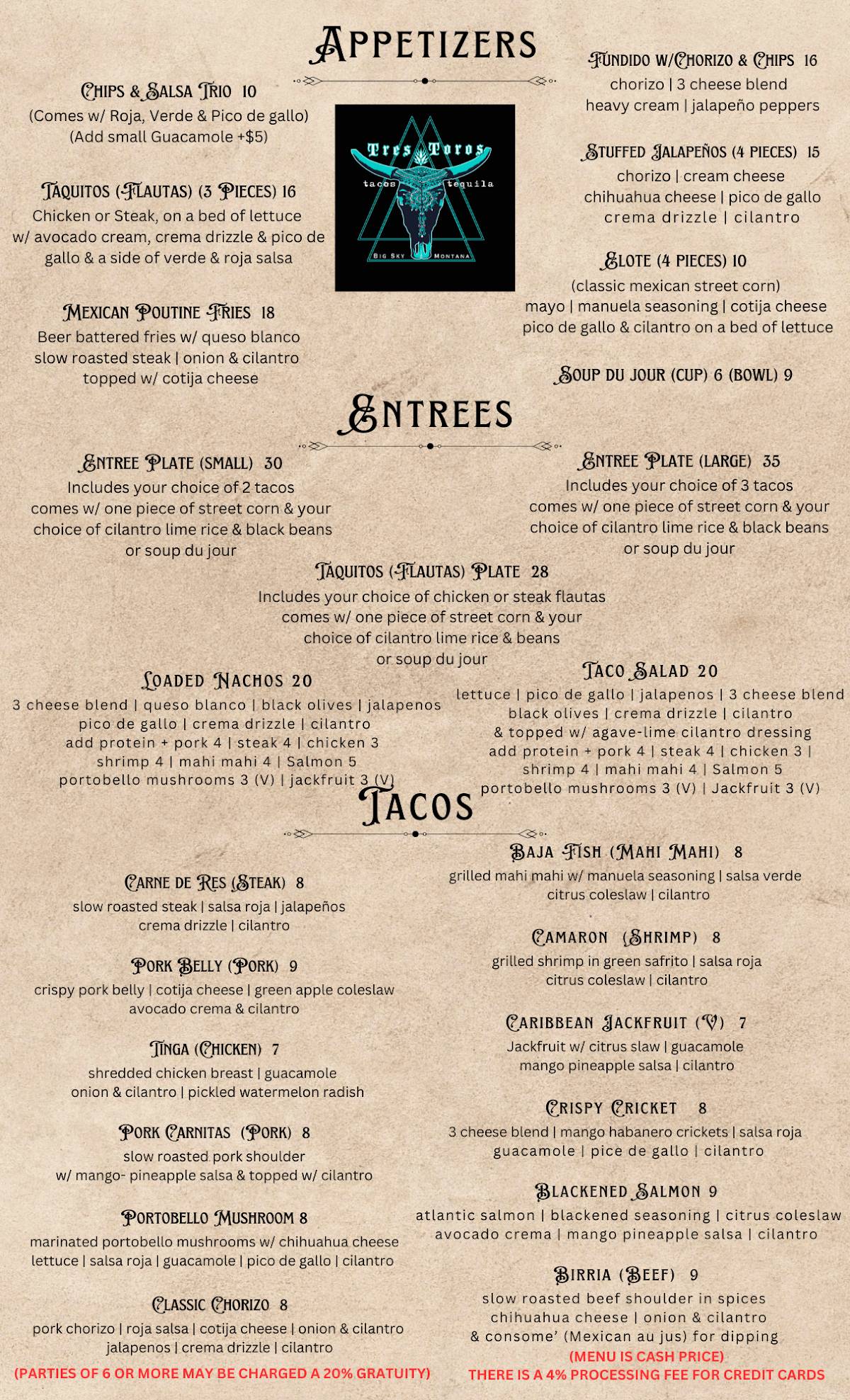 Menu at Tres Toros Tacos & Tequila pub & bar, Big Sky