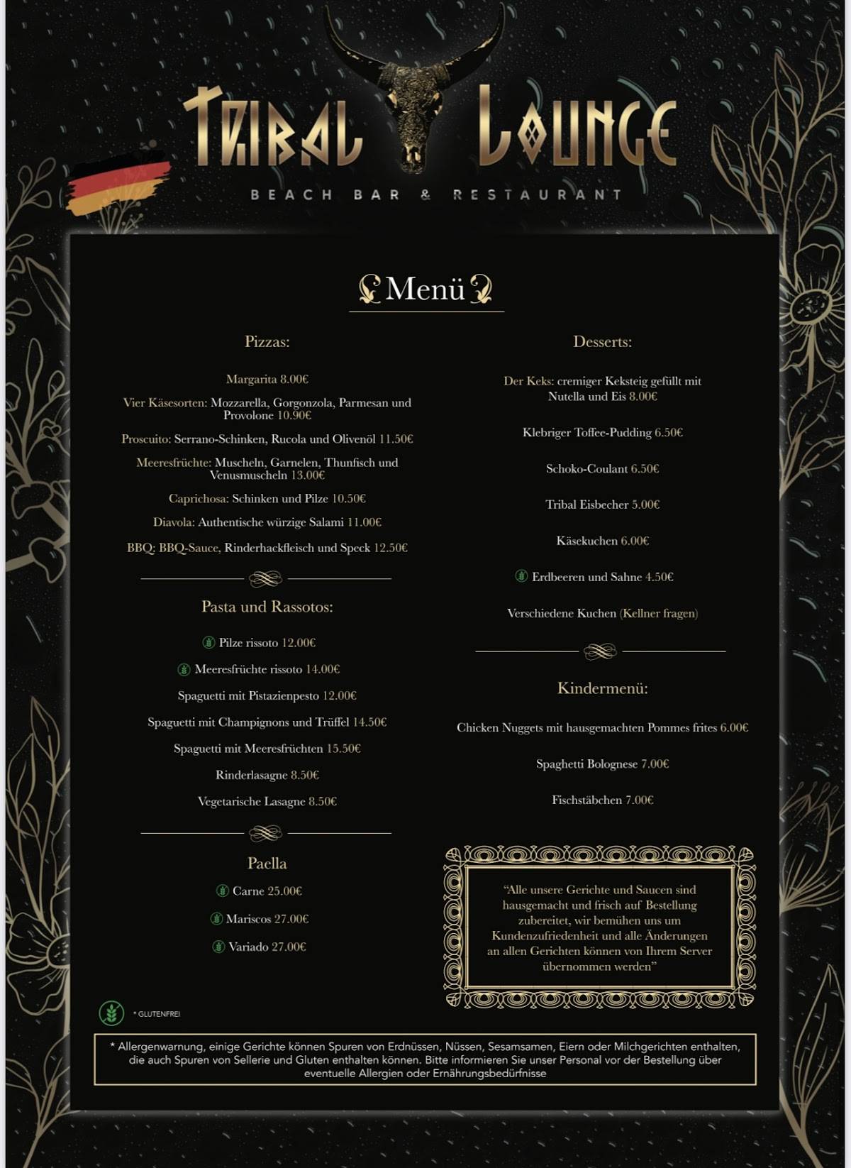 Menu at Tribal Lounge beach bar and restaurant, Maspalomas