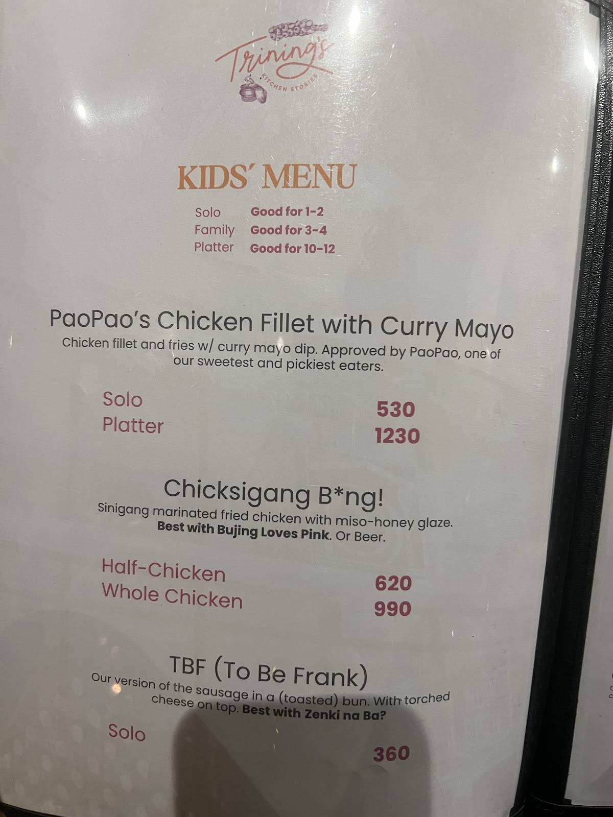 Menu at Trining’s Kitchen Stories restaurant, Marikina