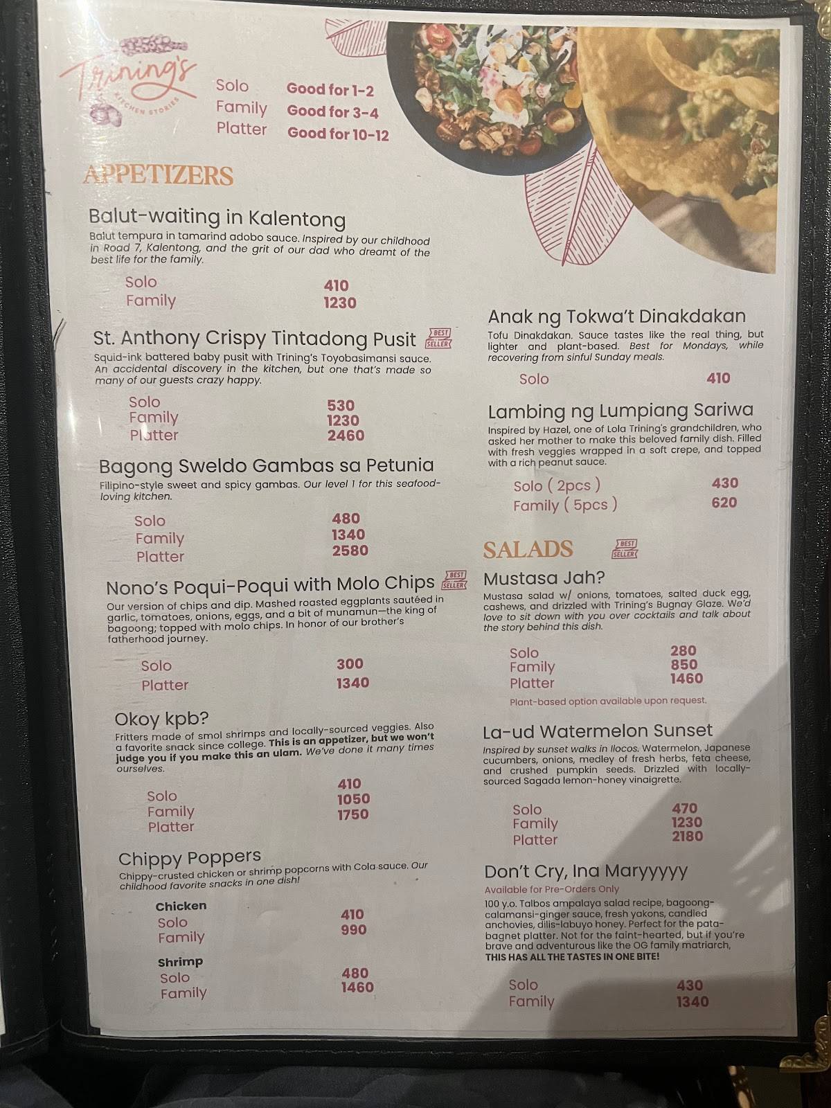 Menu at Trining’s Kitchen Stories restaurant, Marikina