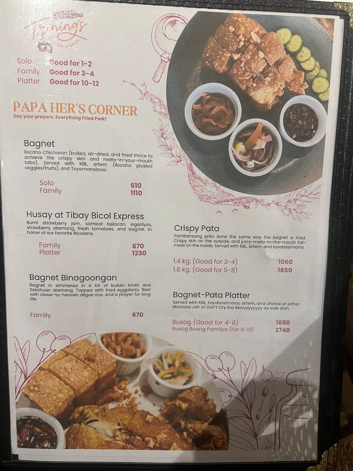 Menu at Trining’s Kitchen Stories restaurant, Marikina