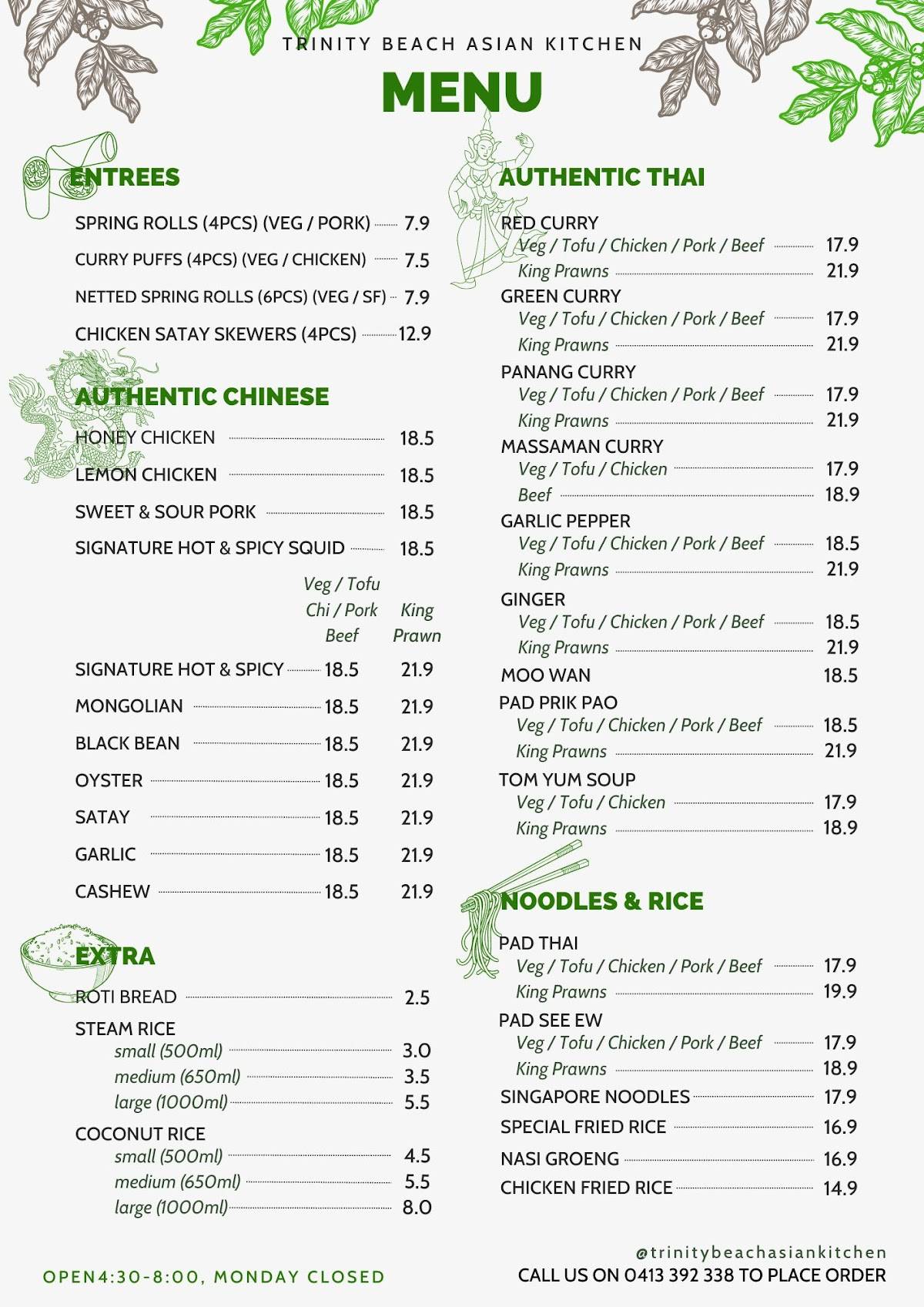 Menu at Trinity Beach Asian Kitchen restaurant, Trinity Beach