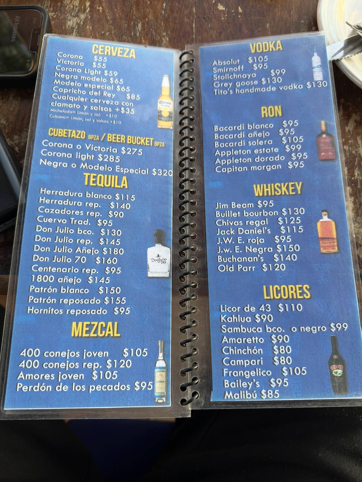 Menu at Tritón restaurant, Zihuatanejo