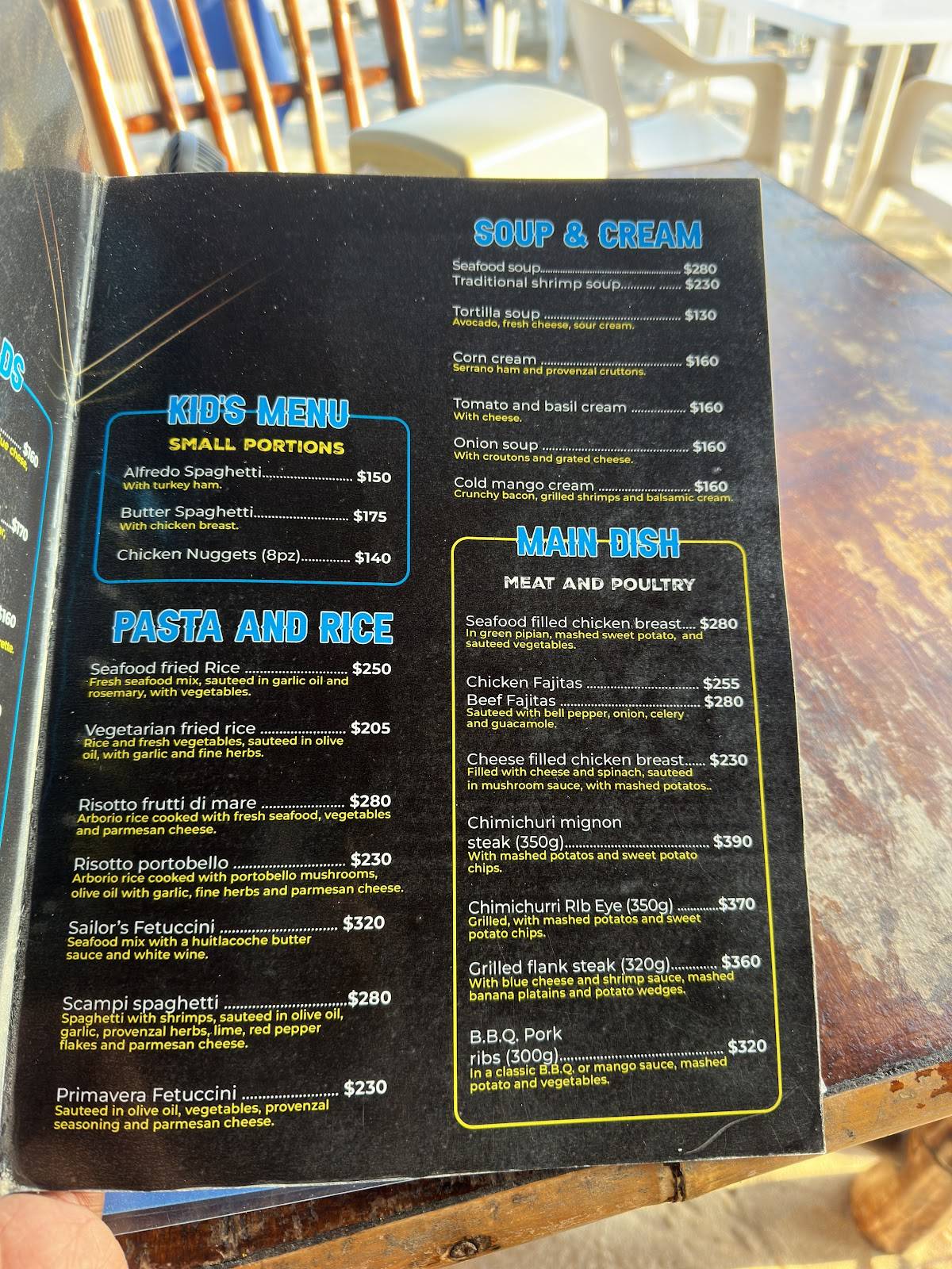 Menu at Tritón restaurant, Zihuatanejo
